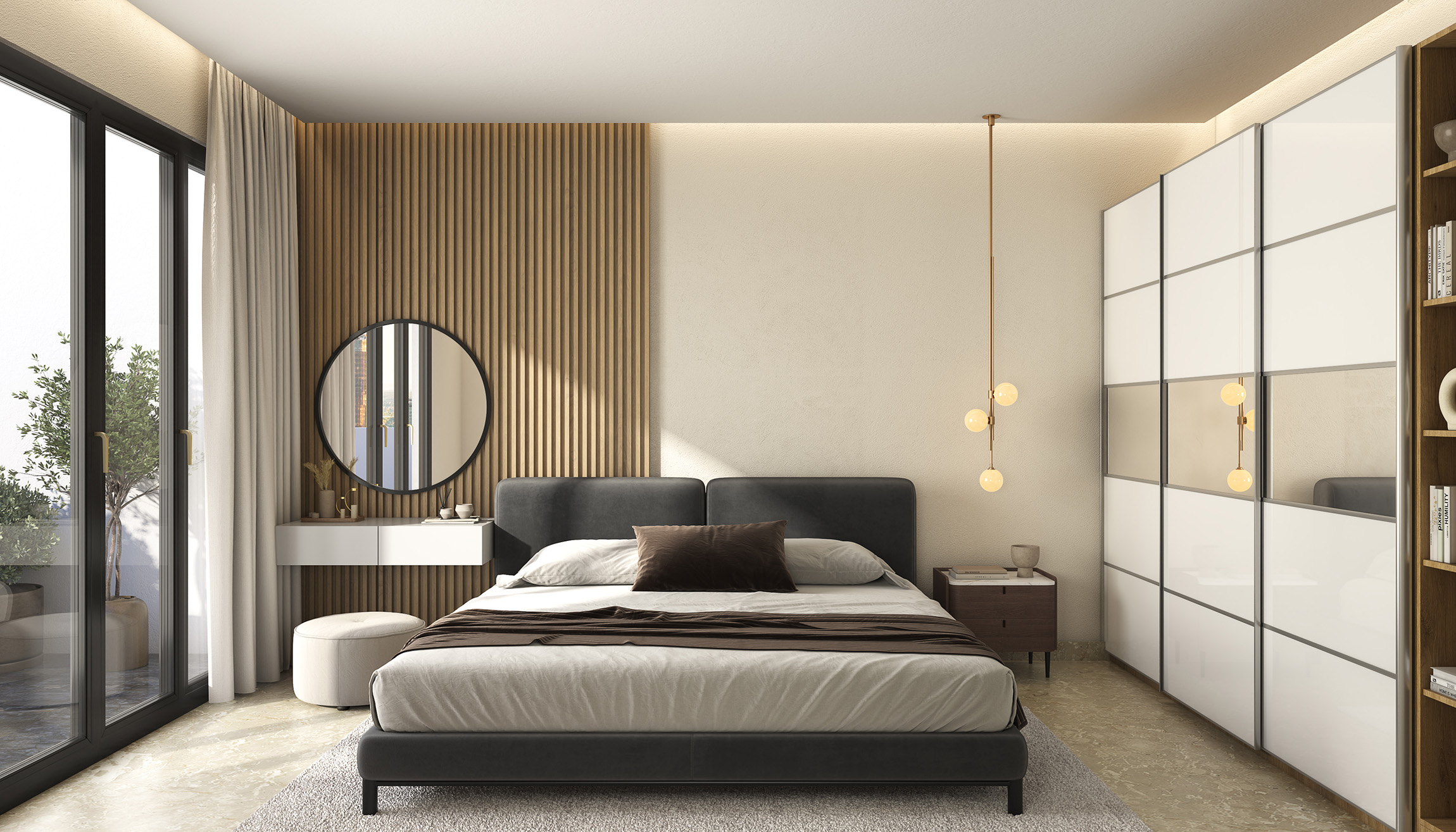 Modern Master Bedroom Design with Low-Profile Bed, Slatted Feature Wall ...