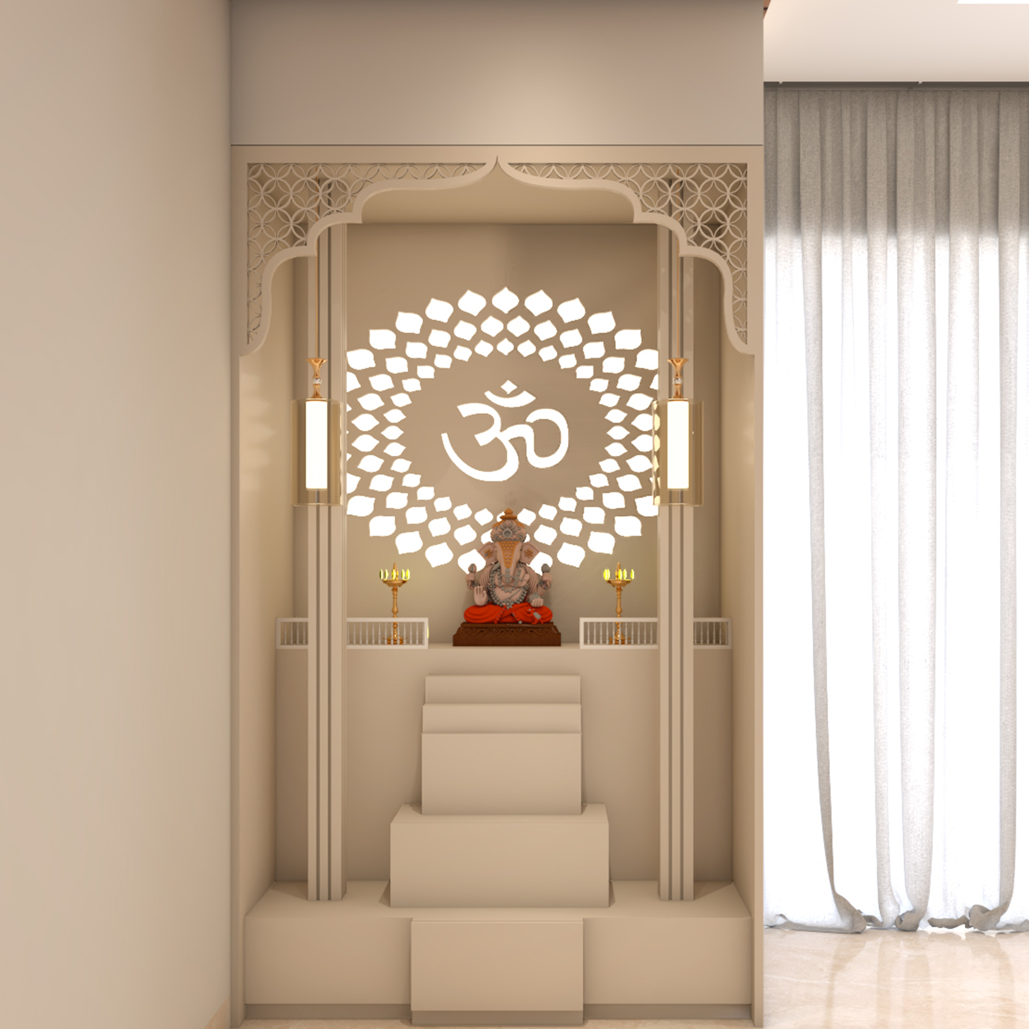 Floor-Mounted Traditional Pooja Design Featuring Laser-Cut Panels ...