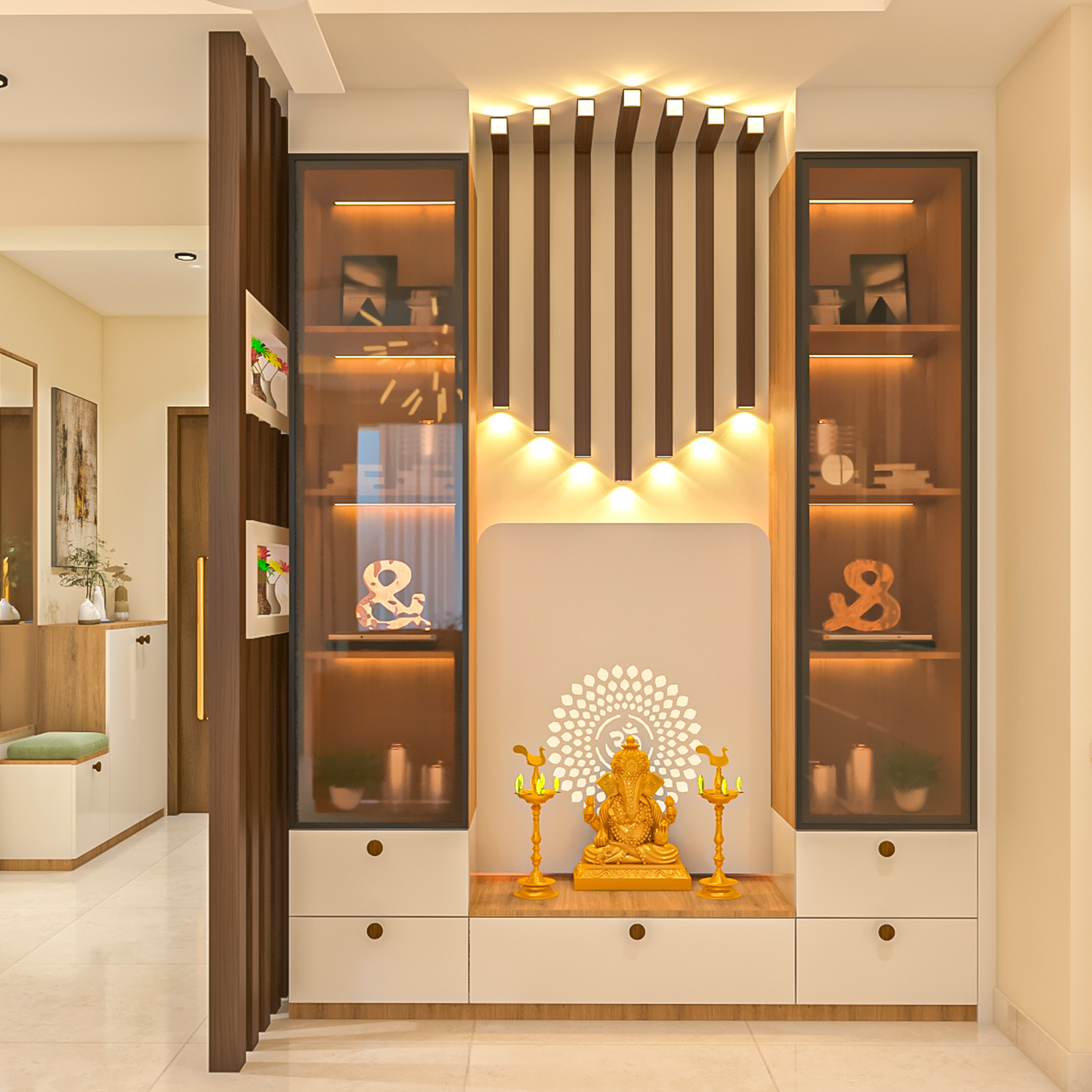Modern Pooja Design Featuring Jaali Details and Illuminated OM Backdrop ...