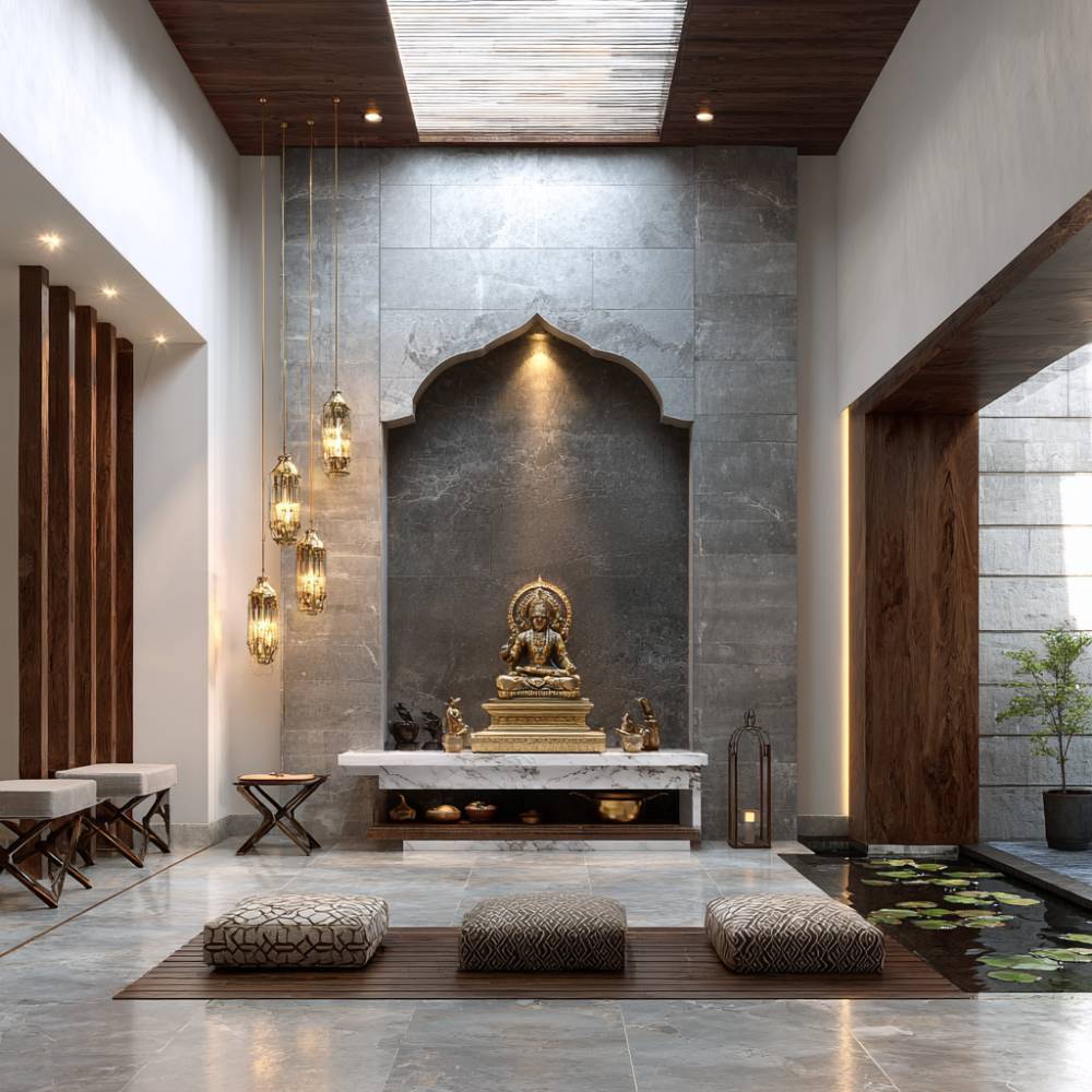 Modern Grey Marble Texture Wall Pooja Room Design with Pendant Lights ...