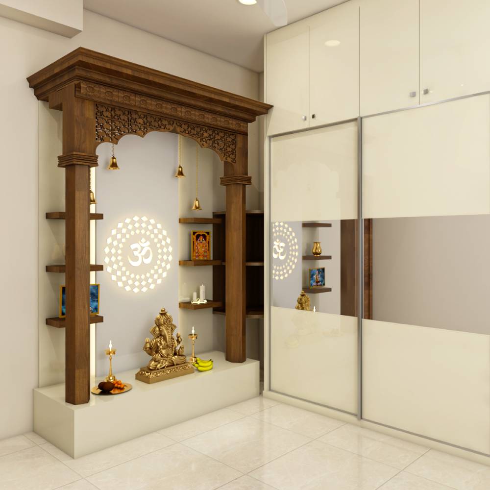 Contemporary White and Walnut Bronze Floor Mounted Pooja Room Design ...