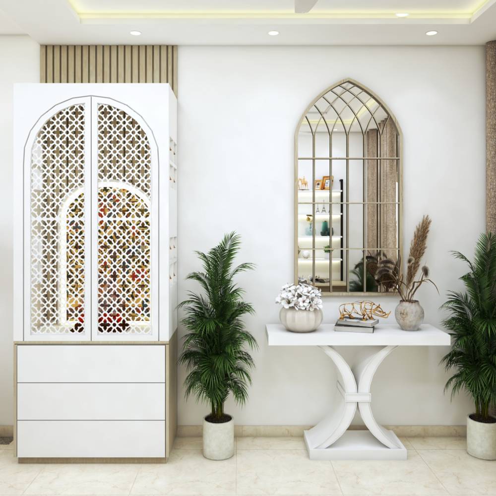 Classic Floor Mounted White Pooja Room Design with CNC Carved Doors ...