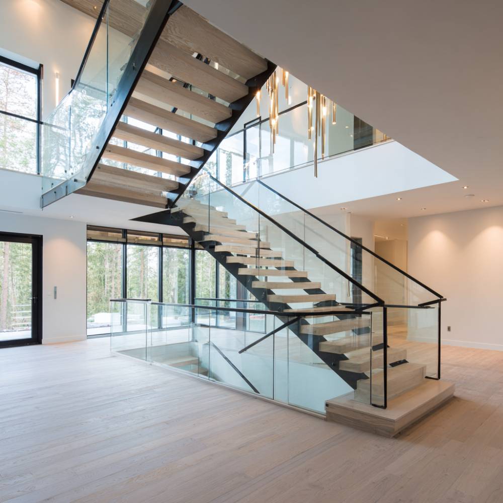 L-Shaped Modern Staircase Design with Glass Railings and Wooden Steps ...