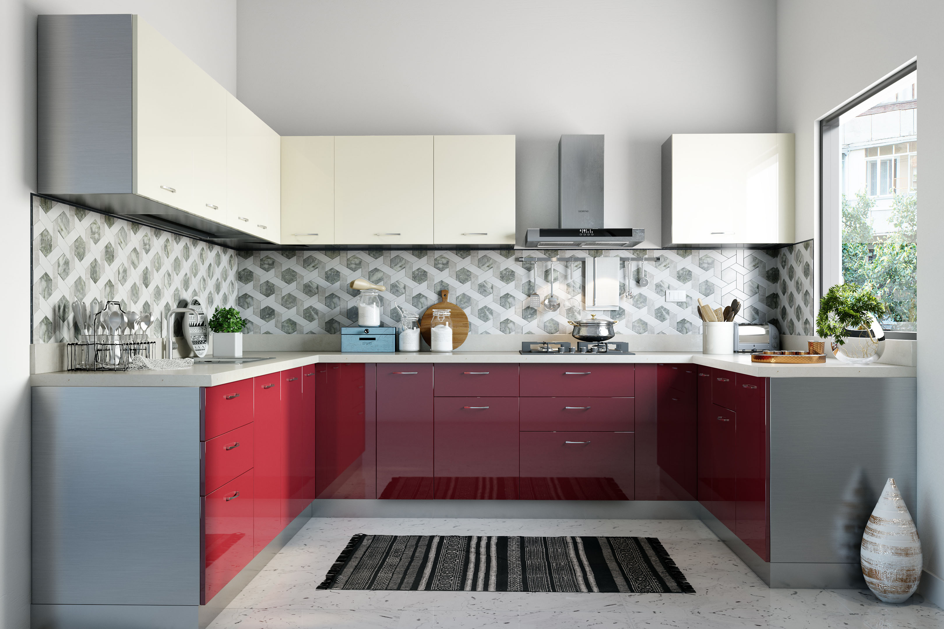Ceramic Geometric Cube Kitchen Tile Design in Matte Finish | Livspace