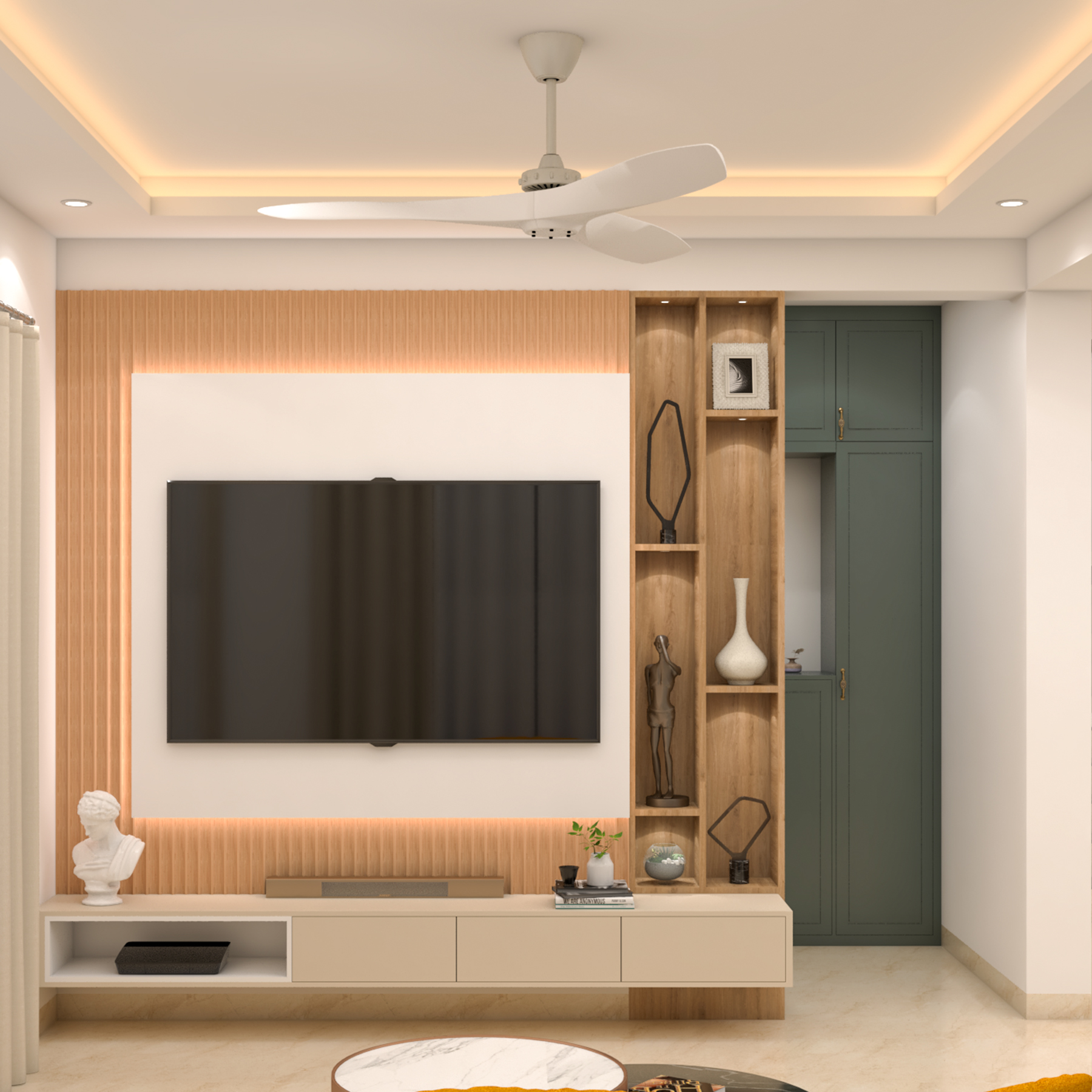 Grey Contemporary TV Unit Design with Vertical Display Tower and ...