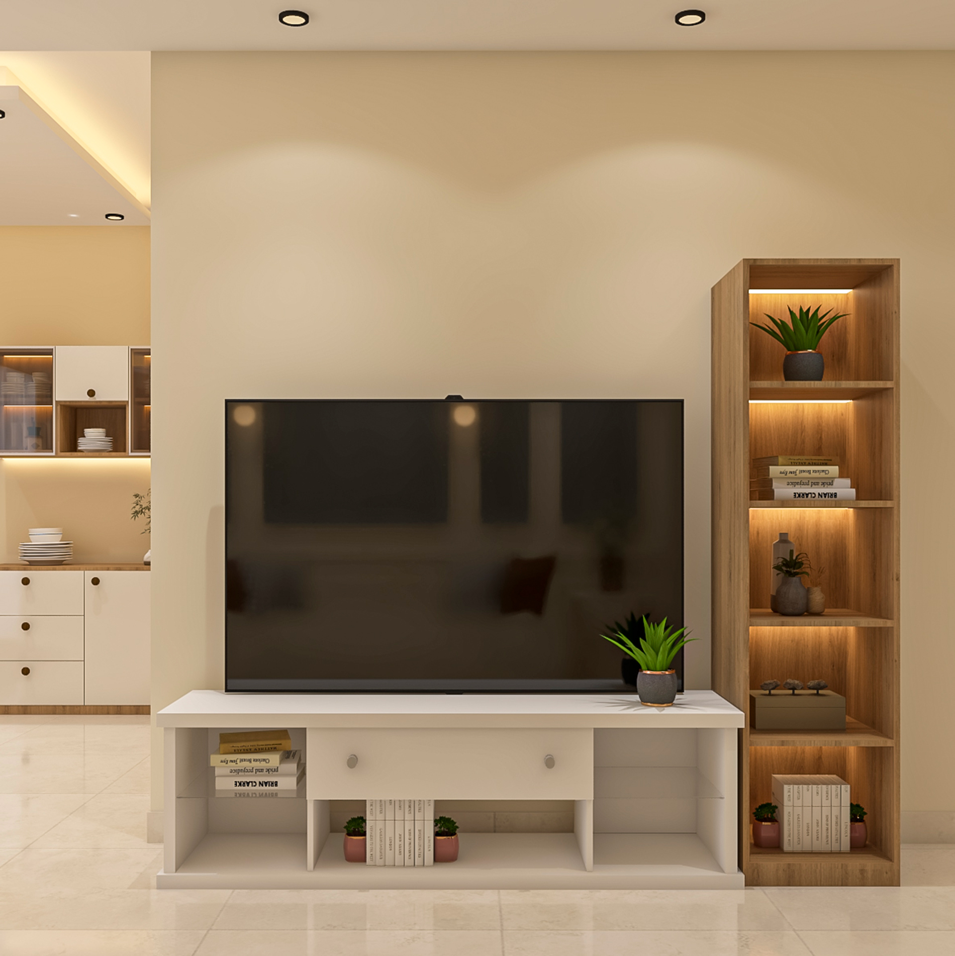 Contemporary White Open Shelving Living TV Unit Design with Backlit ...