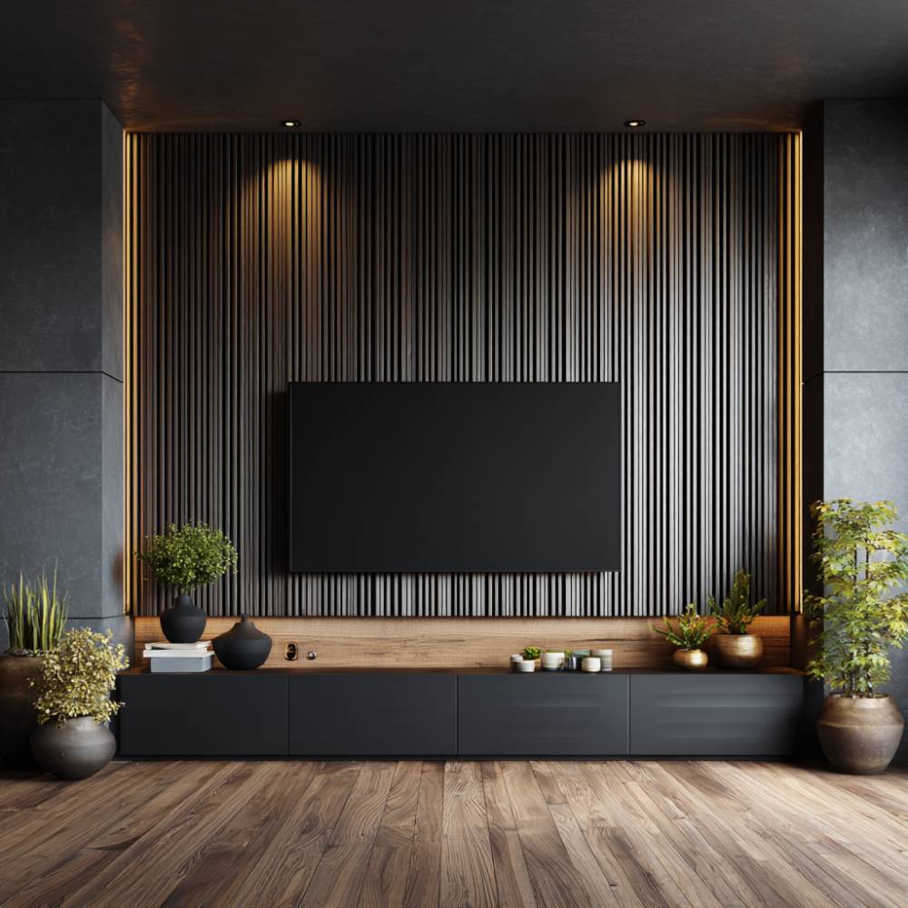 Modern Grey TV Unit Design with Vertical Slat Accent Wall and Floating ...