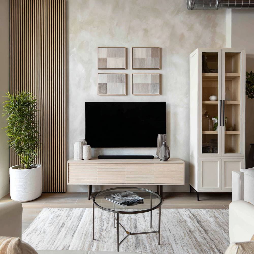 Modern TV Unit Design with Glass Door Storage Cabinets and Vertical ...