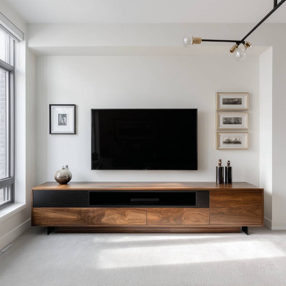 Contemporary TV Unit Design with Walnut Black Panels and Open Display ...