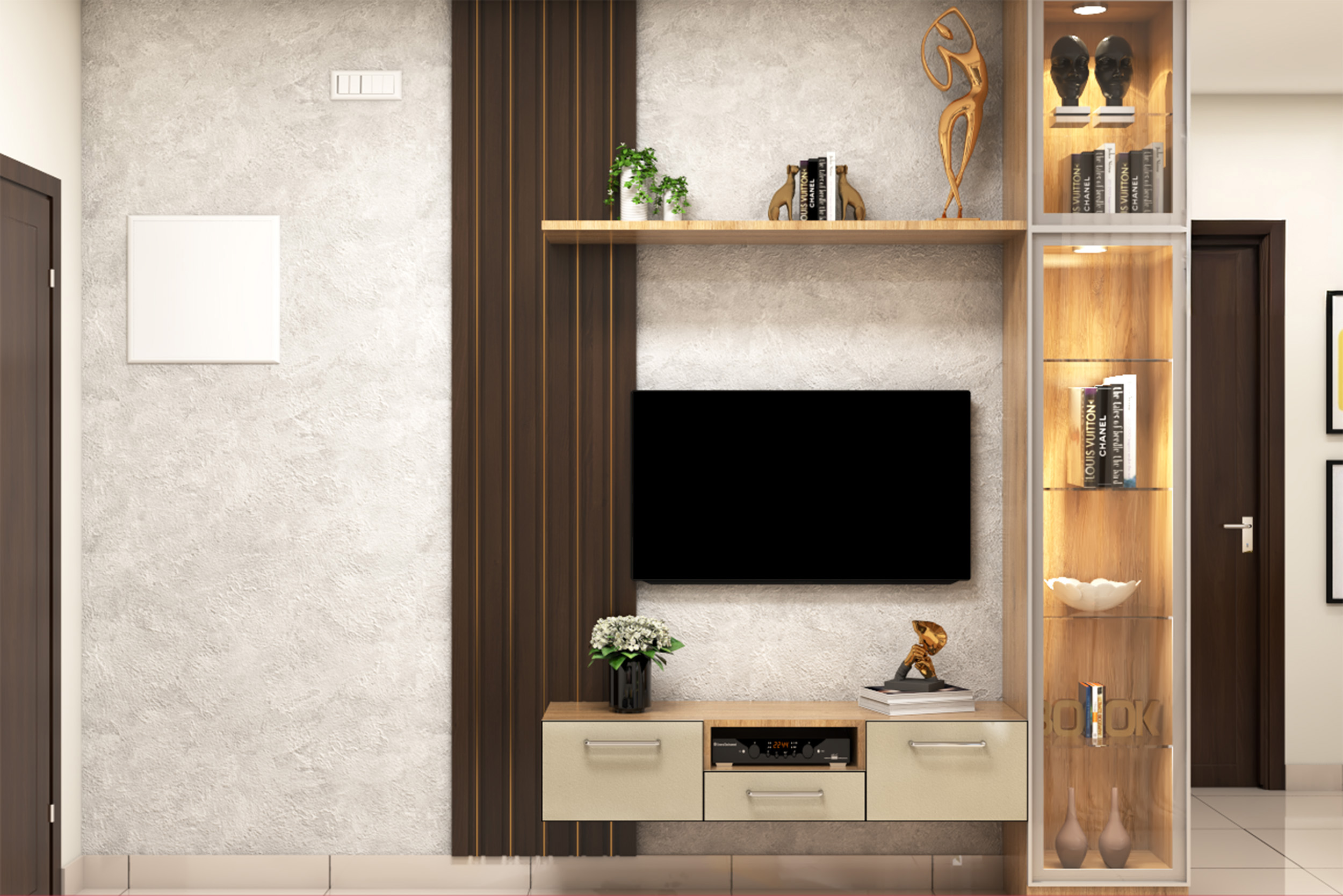 Contemporary TV Unit Design with Glass Display Cabinets and Vertical ...