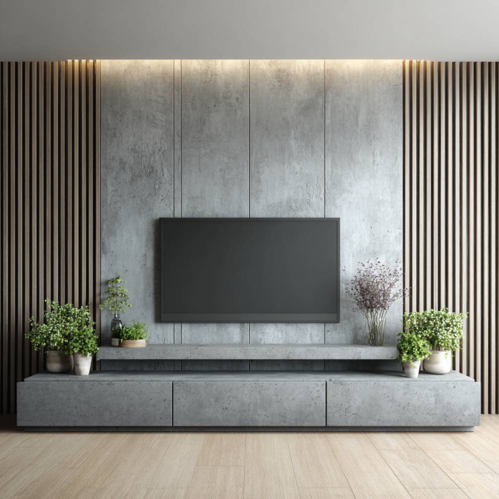 Modern Grey TV Unit Design with Concrete Finish Drawers and Tall ...
