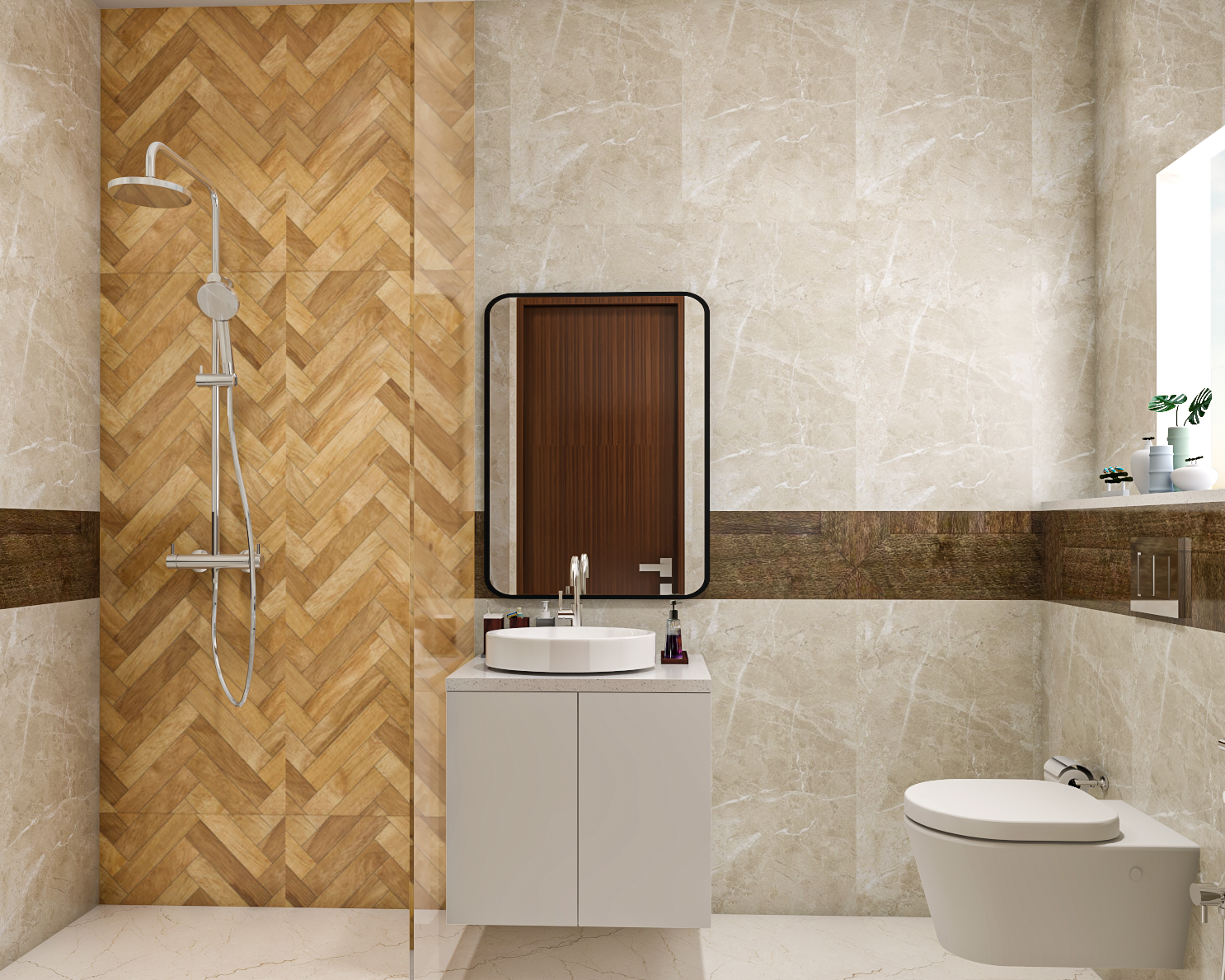 Brown And Beige Glossy Bathroom Tile Design | Livspace