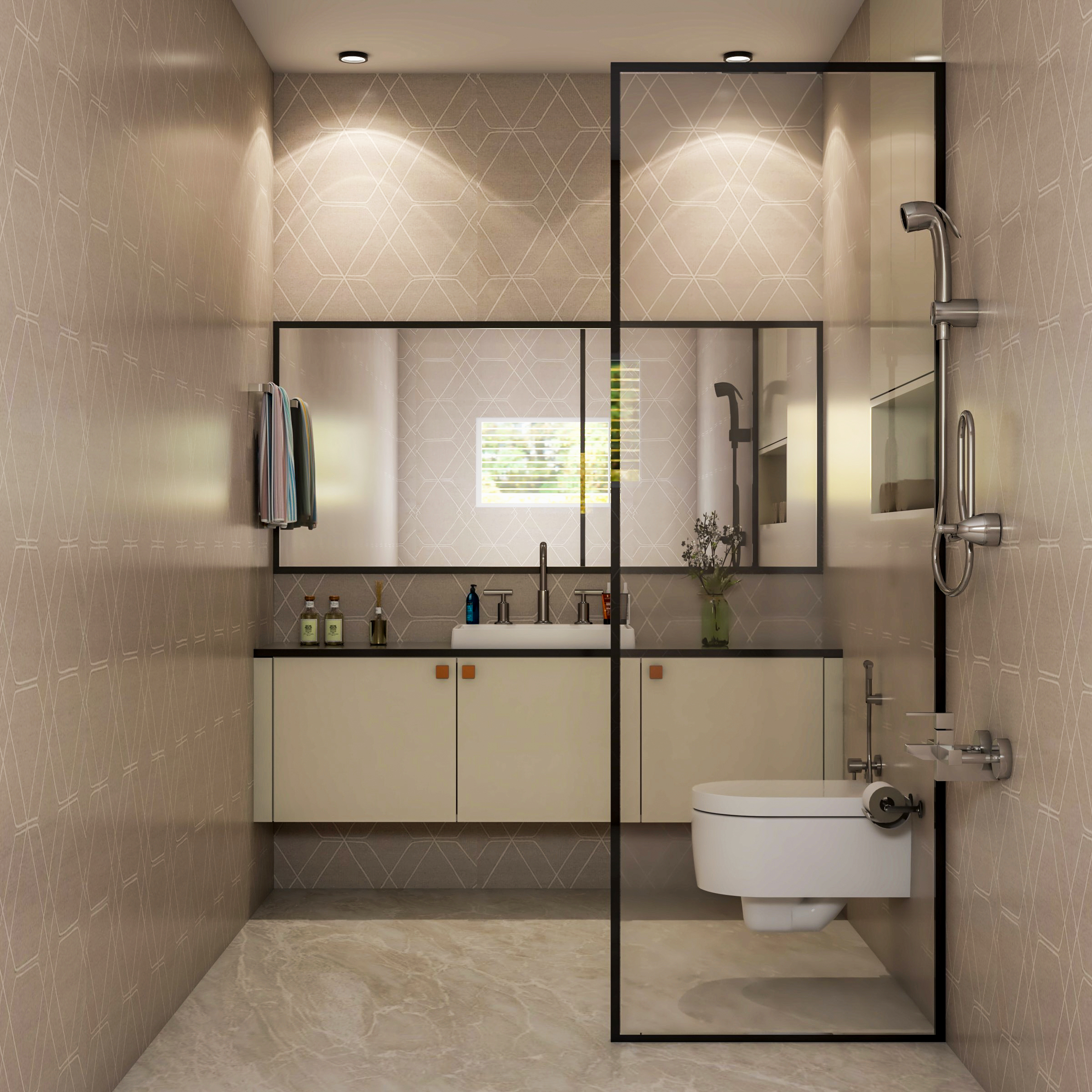 Modern Bathroom Design With Large Rectangular Mirror | Livspace