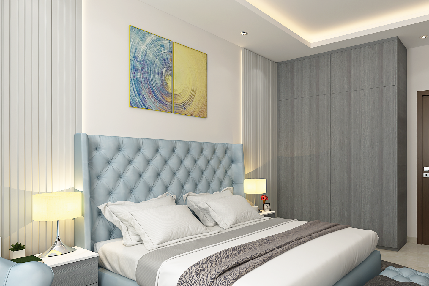 Modern Bedroom With Flower Shaped Chairs And Icy Blue Hues | Livspace