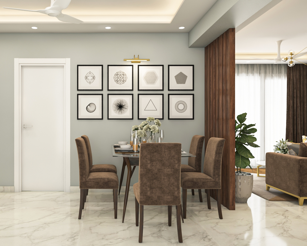 Brown Modern Dining Room Design With Wooden Partition | Livspace