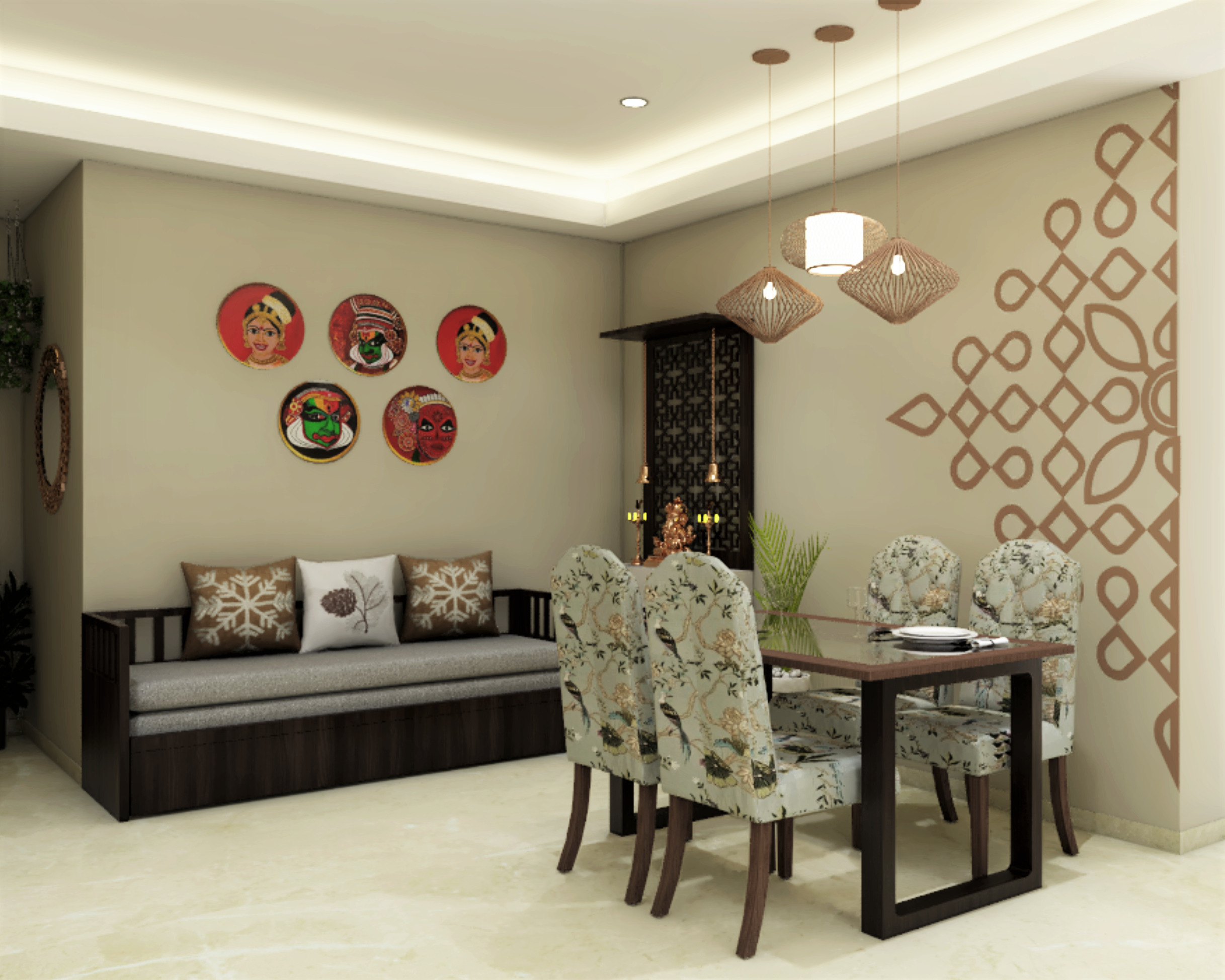 Traditional 4-Seater Dining Room Design With Floral Upholstery | Livspace