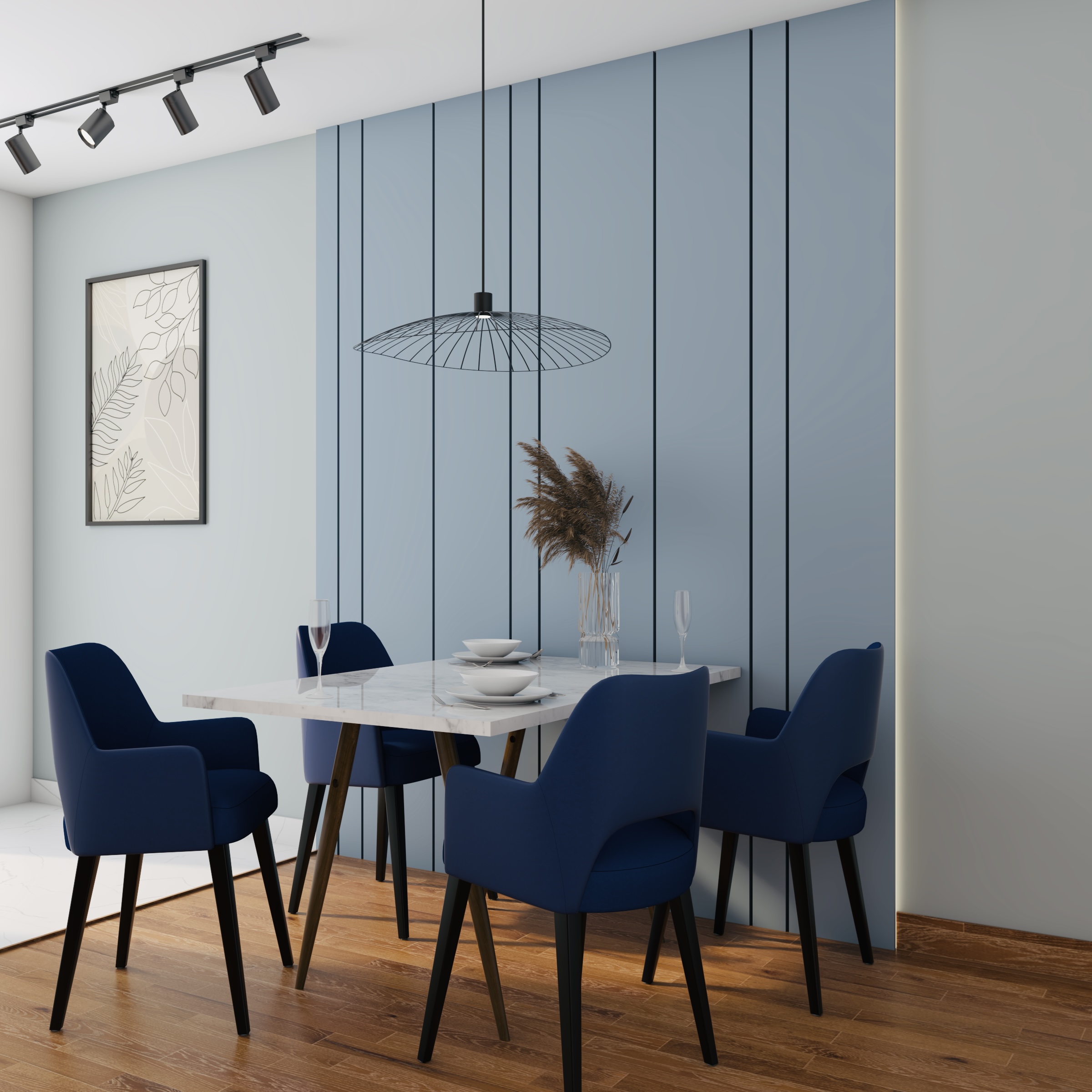 Blue And White Modern Spacious Dining Room Design | Livspace