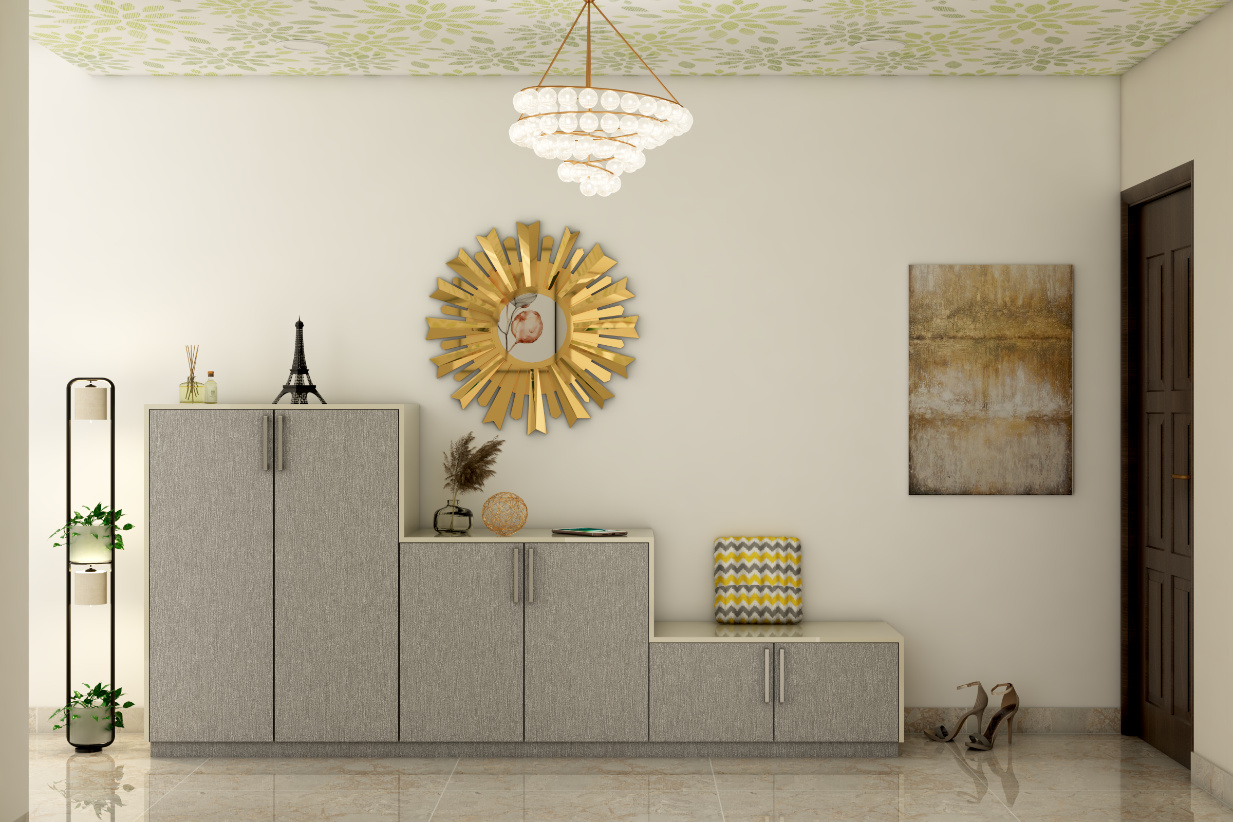 Spacious Foyer Design With Grey Storage Unit And Chandelier | Livspace