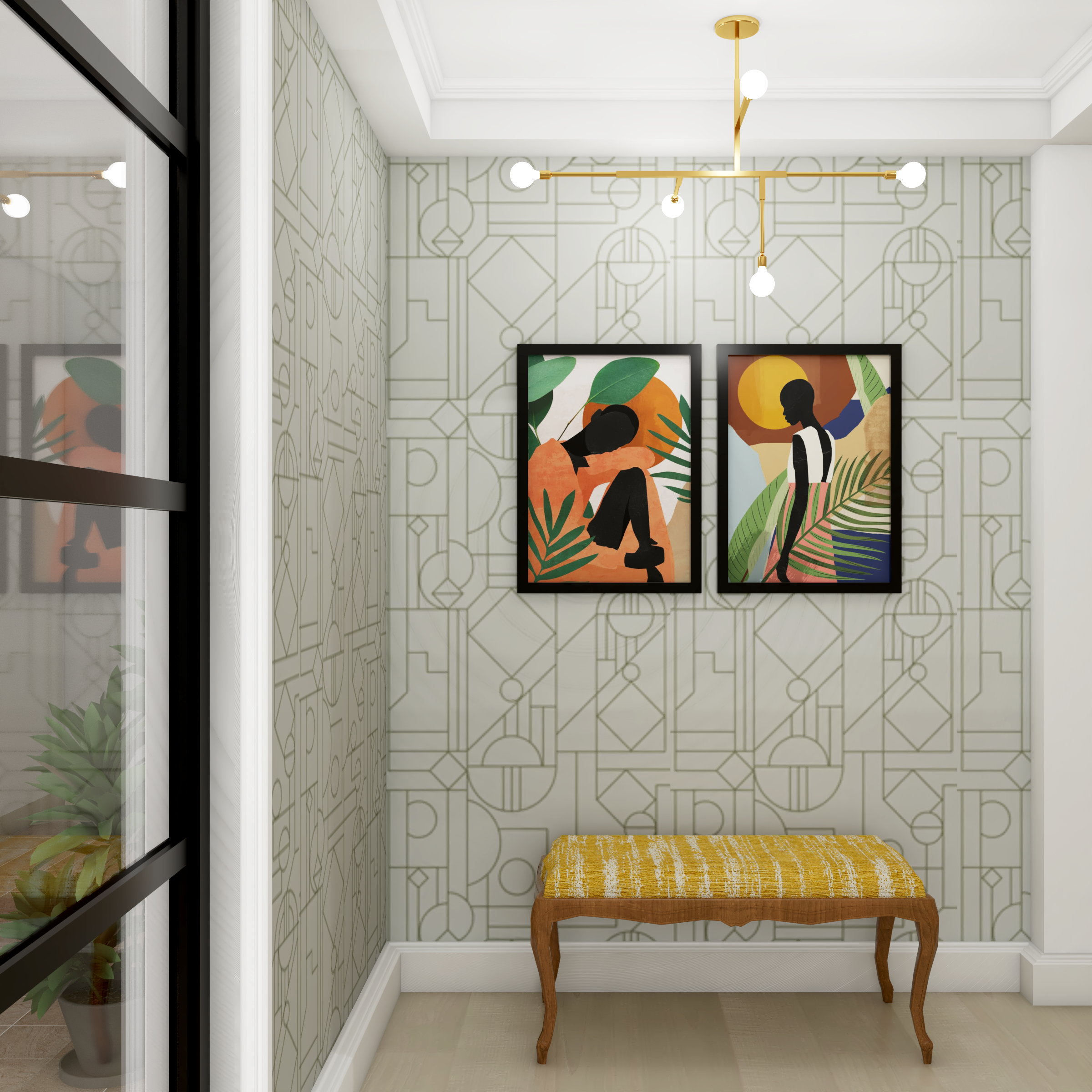 Compact Foyer Design With Geometric Pattern Wall And White Skirting ...