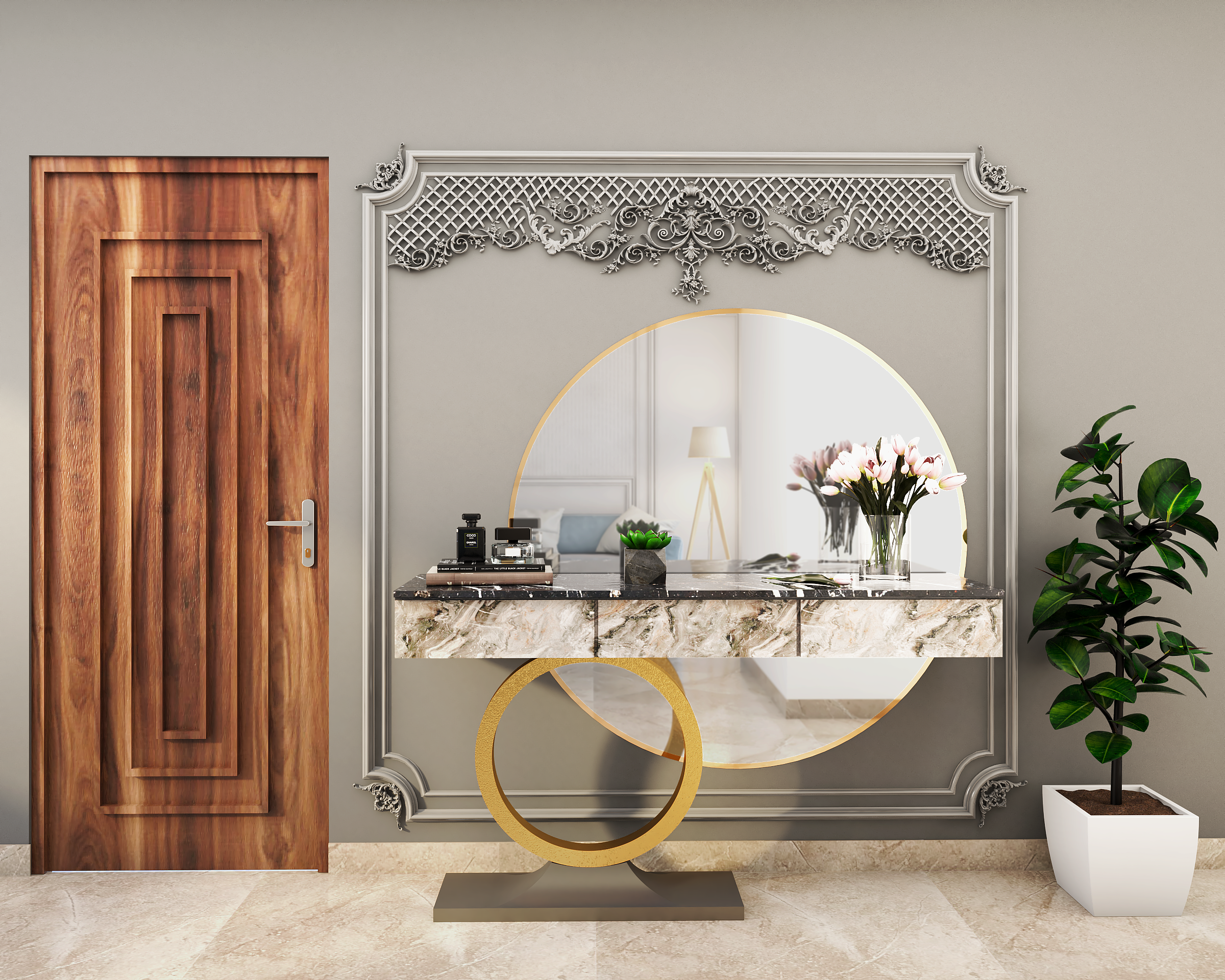 Foyer Wall Design With A Round Mirror | Livspace