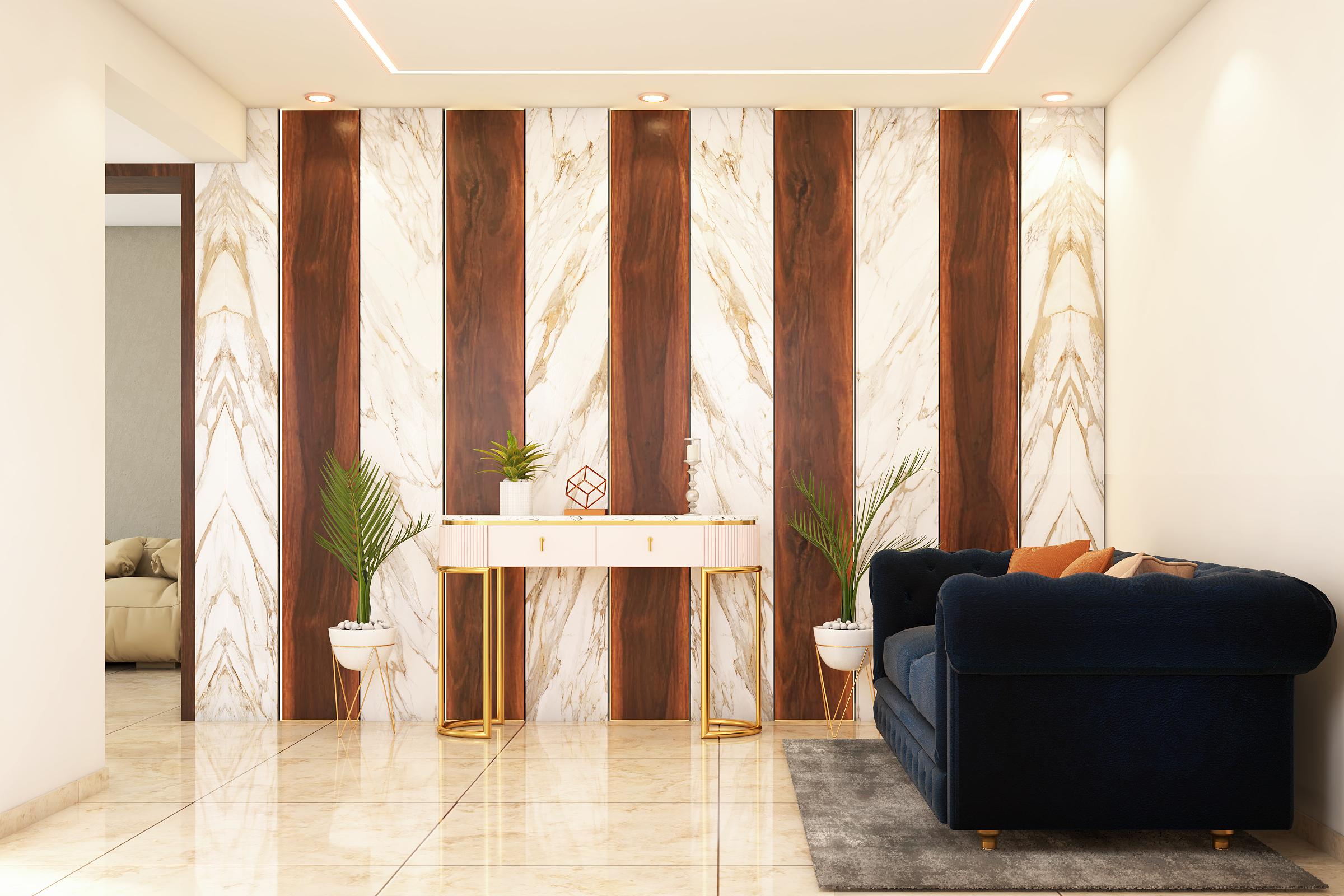 Spacious Foyer Design With Velvet Textured Couch And Marble Paneled ...