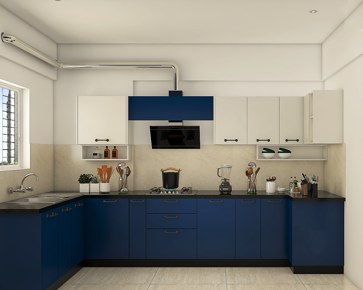 Spacious Modular Kitchen With Blue & White Interiors - Livspace