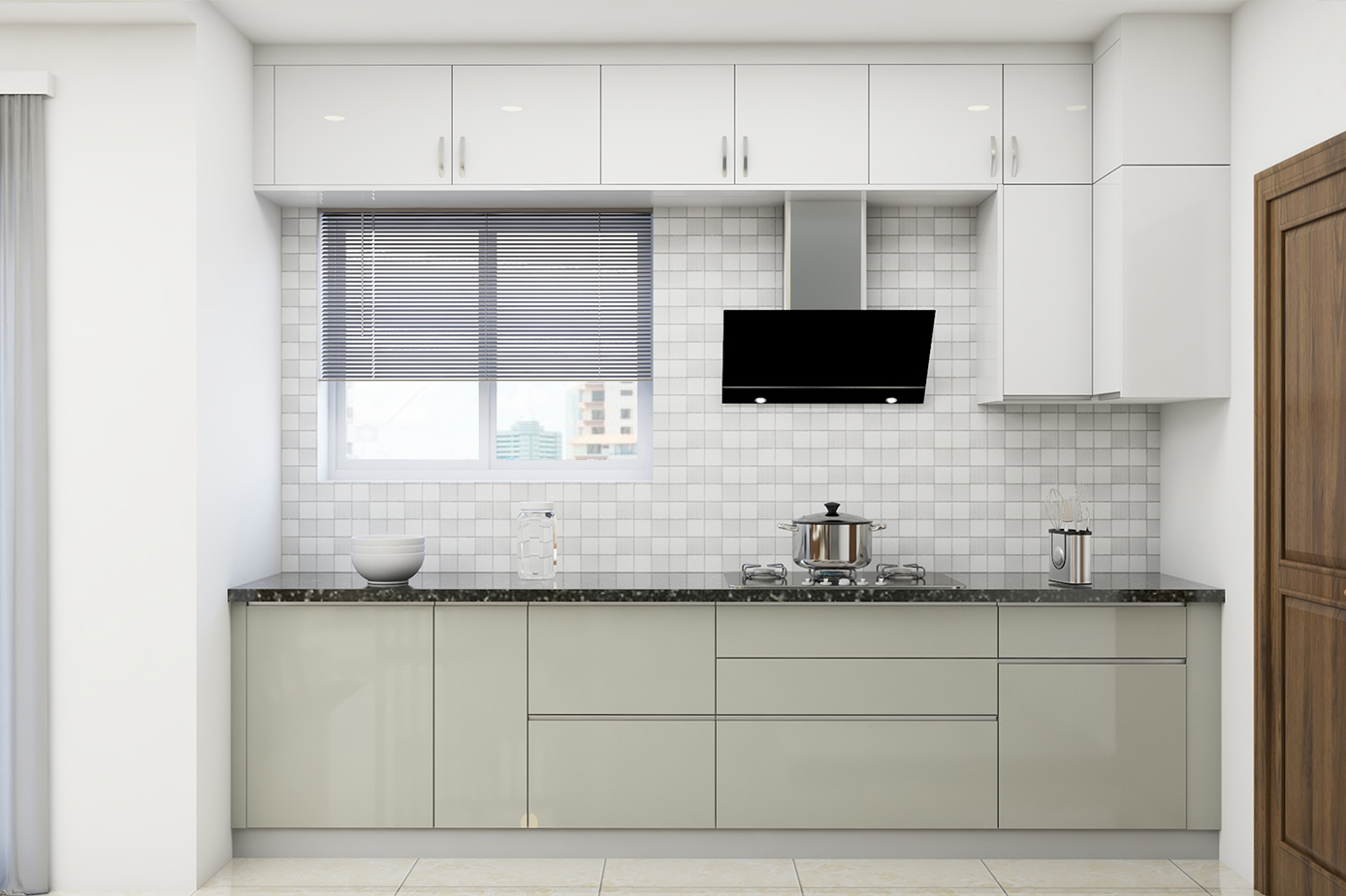 Modern And Spacious Kitchen Design With Chic Dado Tiles | Livspace