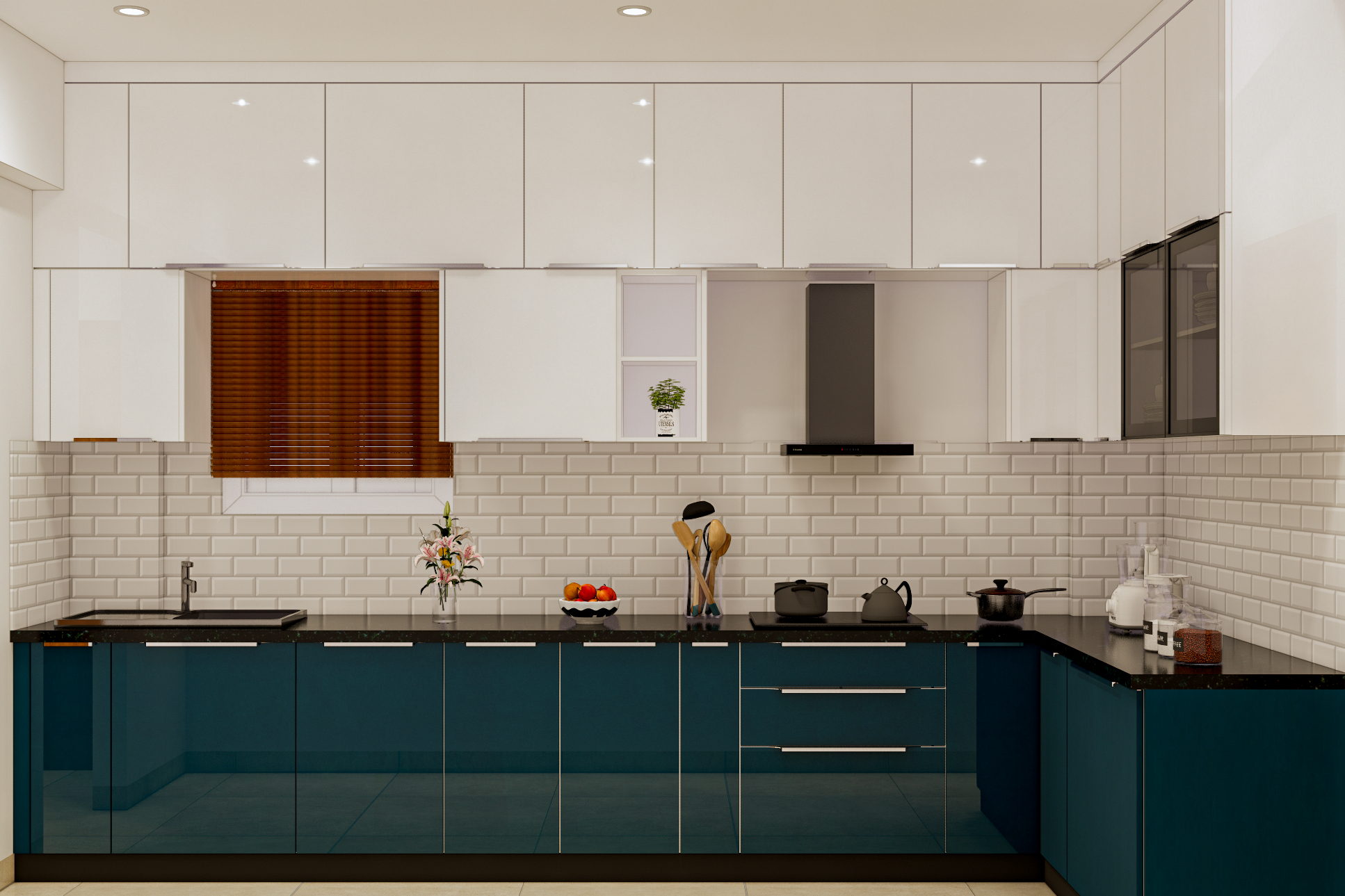 Modular Blue-White Toned Kitchen Design With Spacious Layout | Livspace