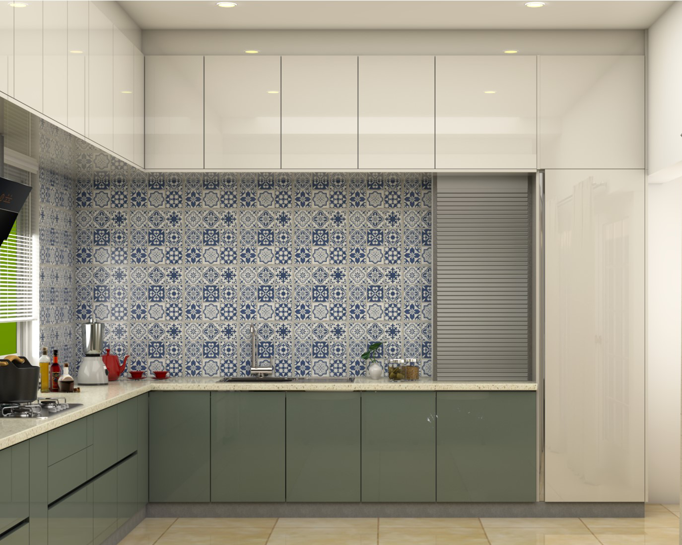 Dado Tiles Kitchen Design With Display Unit | Livspace