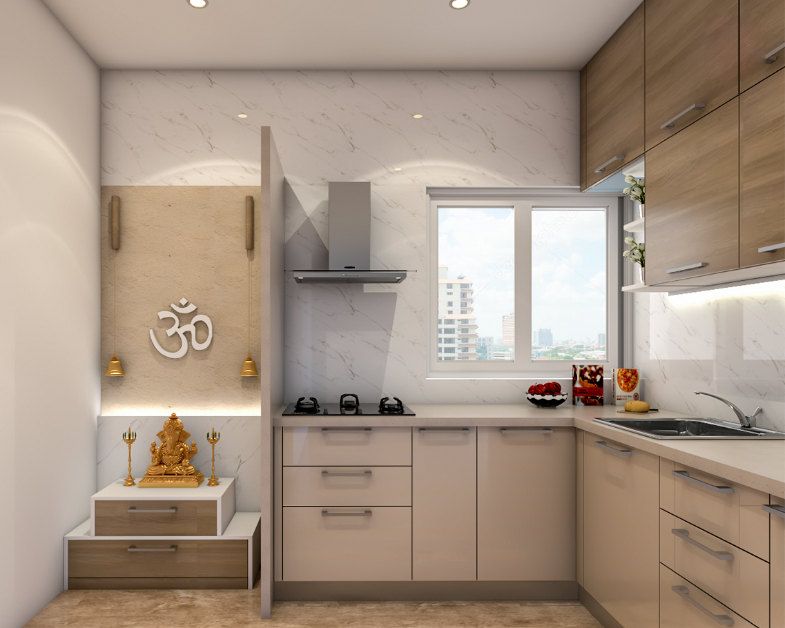 Multi Functional Compact Kitchen Design With Pooja Unit | Livspace