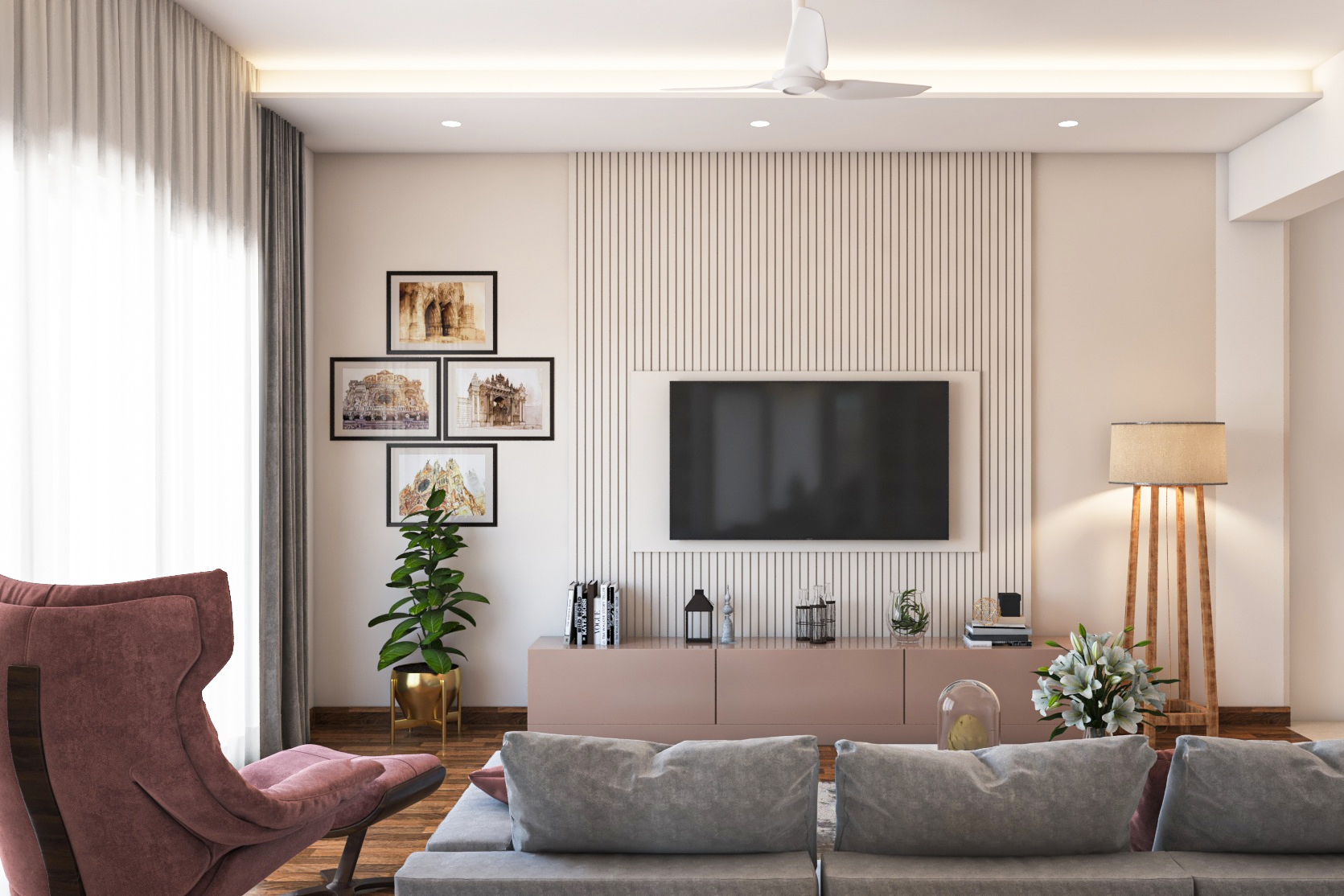 Spacious Living Room Design With TV Unit And Wooden Flooring | Livspace