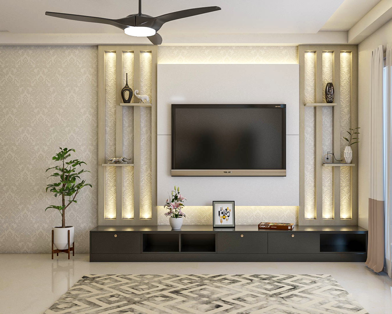 Low Maintenance Max Storage Rustic Themed TV Unit Design | Livspace