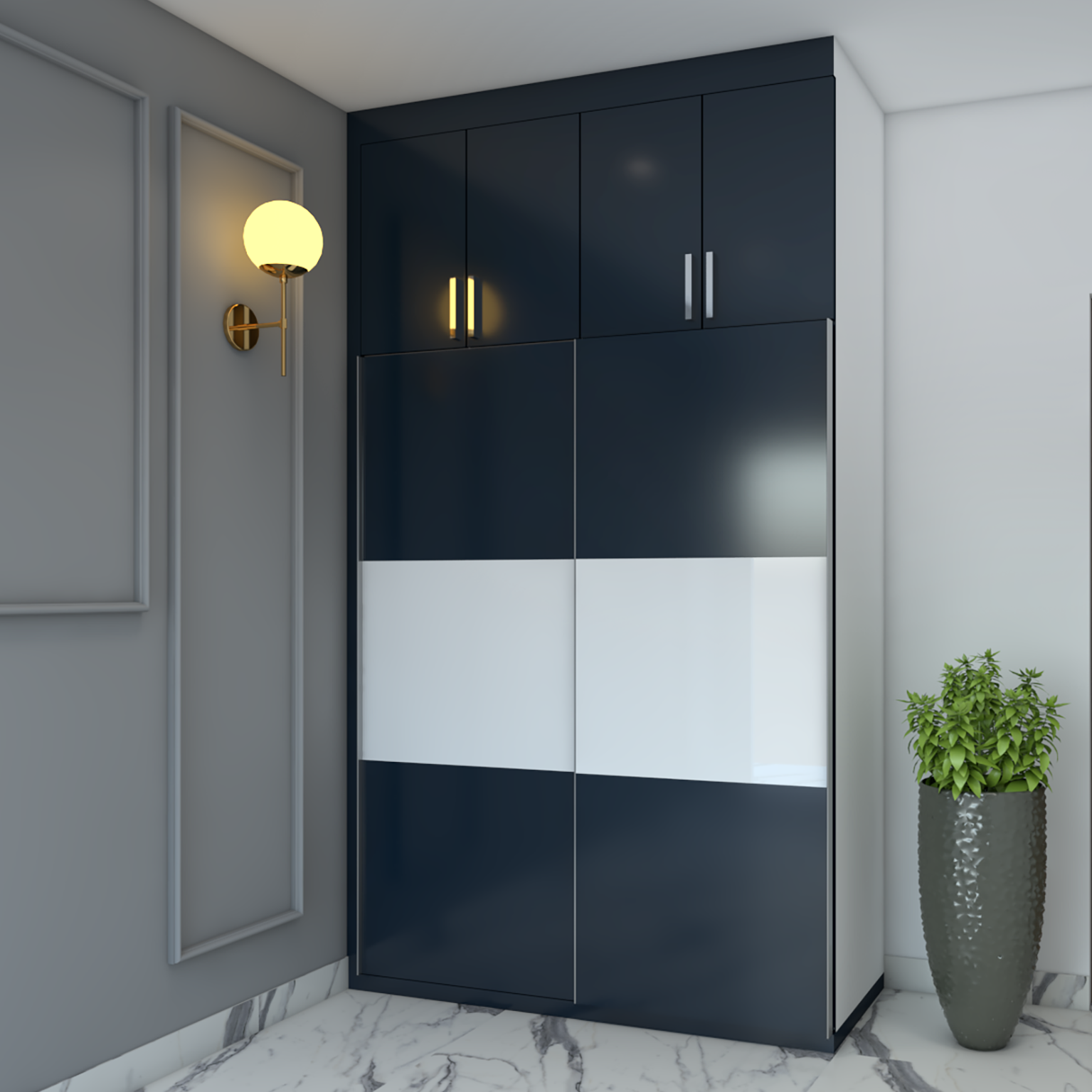 Dark Blue And Creamy Wardrobe Design With Marble Flooring | Livspace