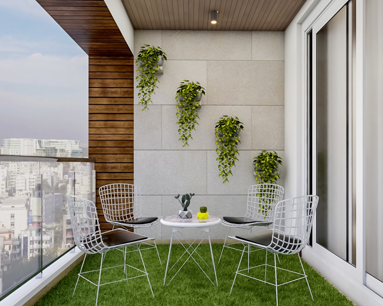 Compact Balcony Design With Grass Flooring And White Metal Furniture ...