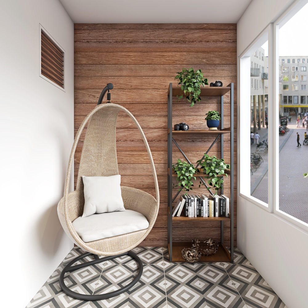 Spacious Balcony Design With Horizontal Wooden Wall Work And Geometric ...