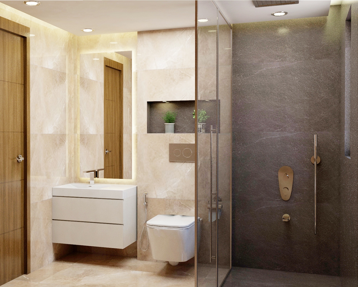 Grey And Beige Contemporary Bathroom Design With Vanity Unit - 8X5 Ft ...