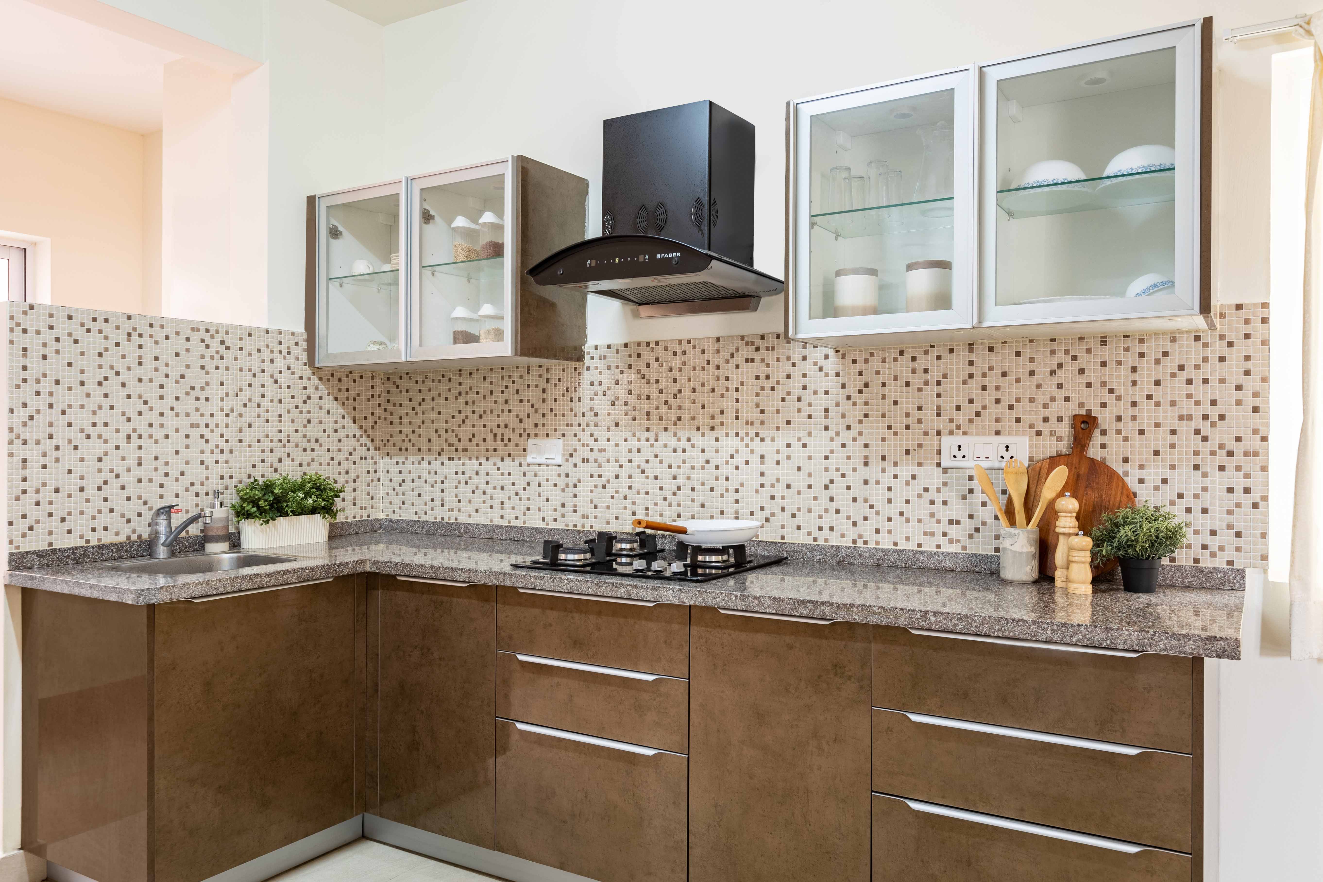 Brown And Beige Glossy Porcelain Grid Kitchen Tile Design | Livspace
