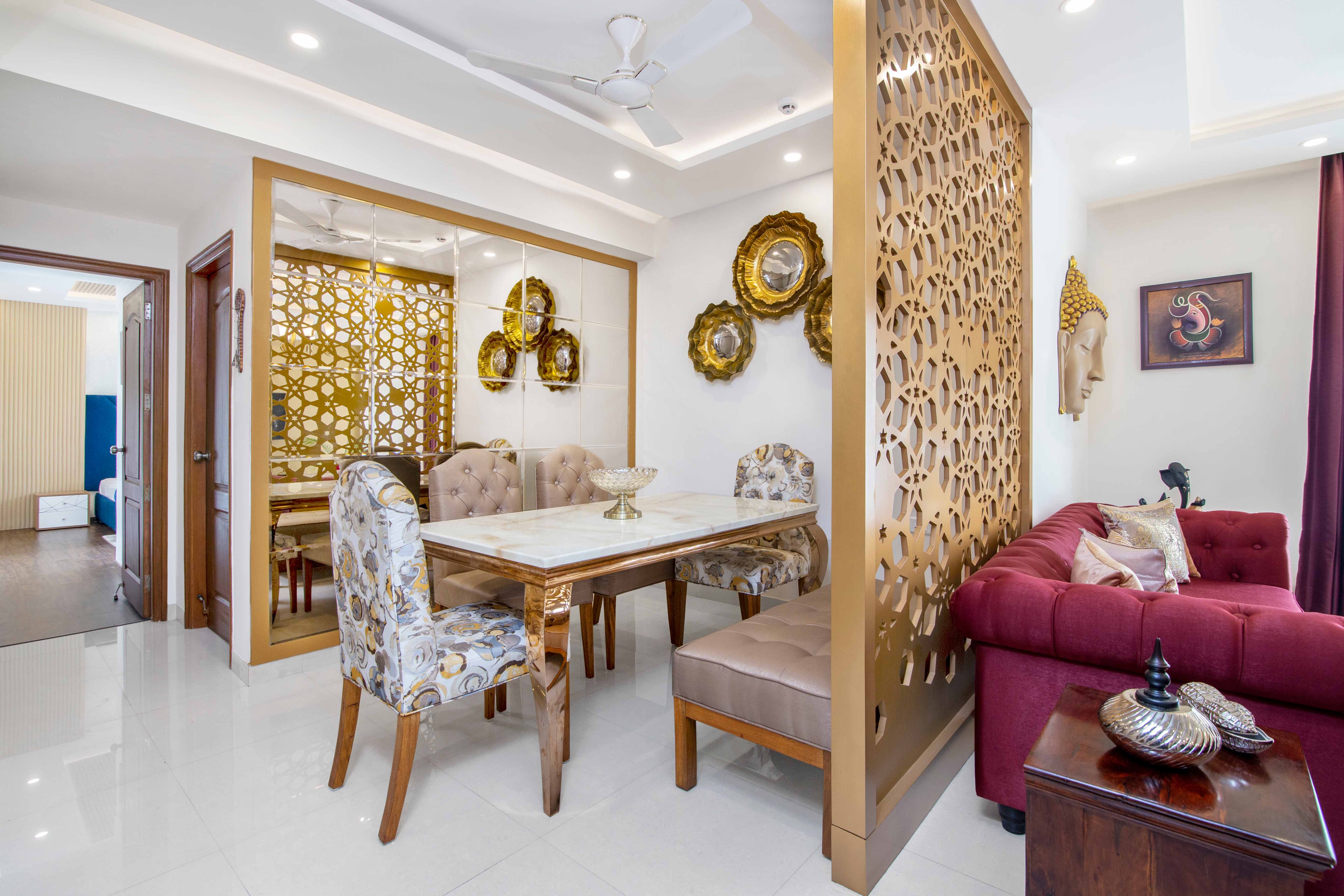 Spacious 6-Seater Dining Hall With Upholstered Chairs | Livspace