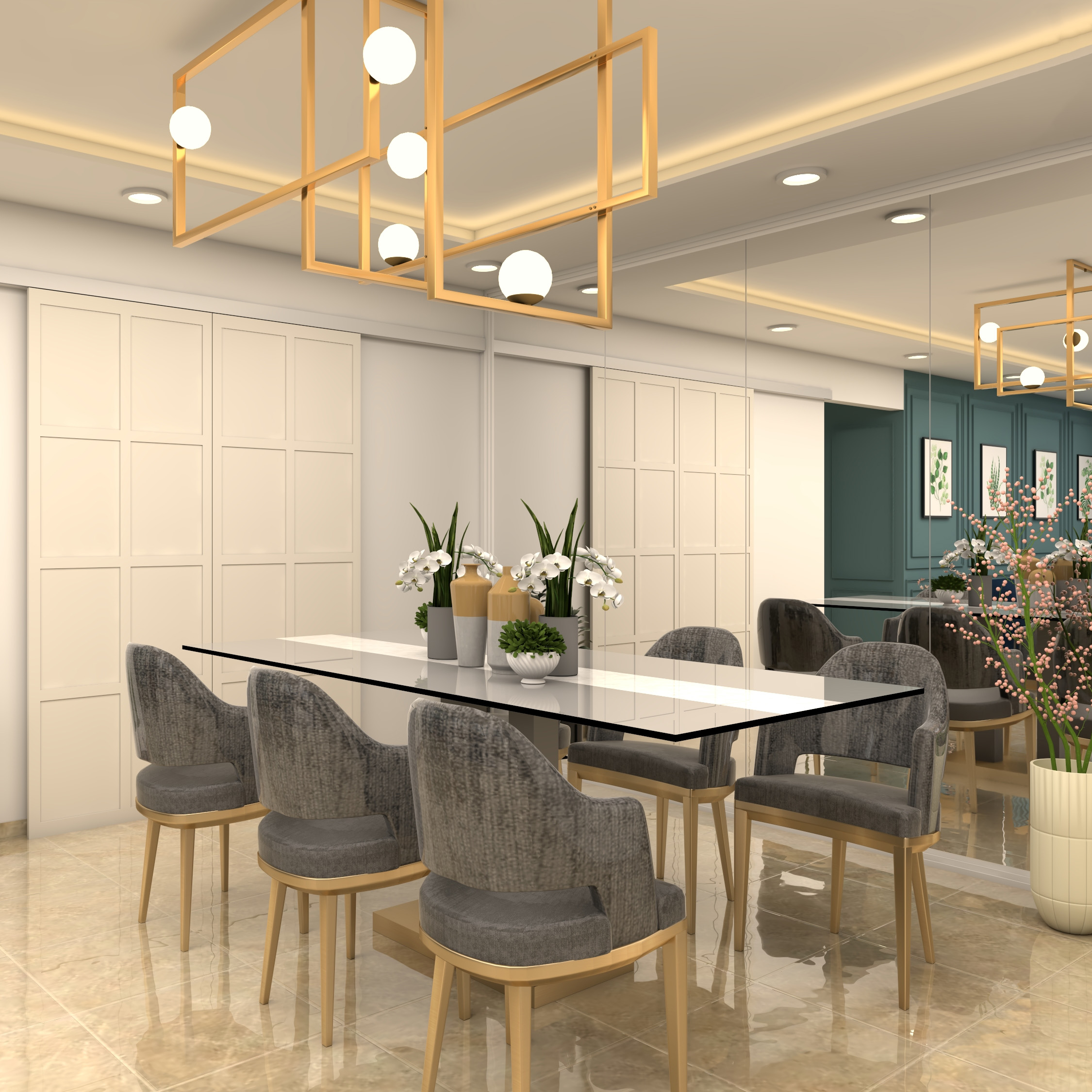 Spacious Dining Hall Design With Overhead Lighting | Livspace