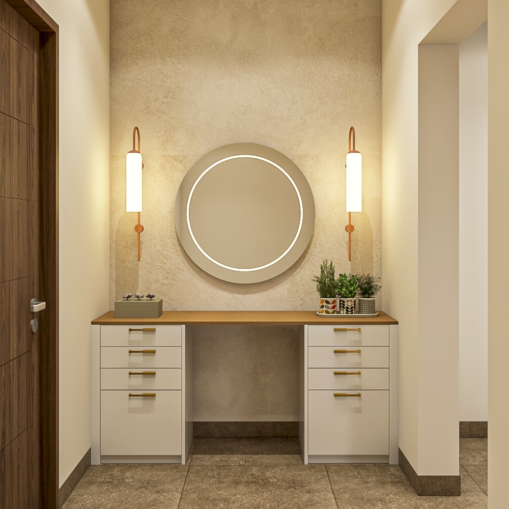 Spacious Foyer Design With Frosty White Storage Unit And Round Mirror ...