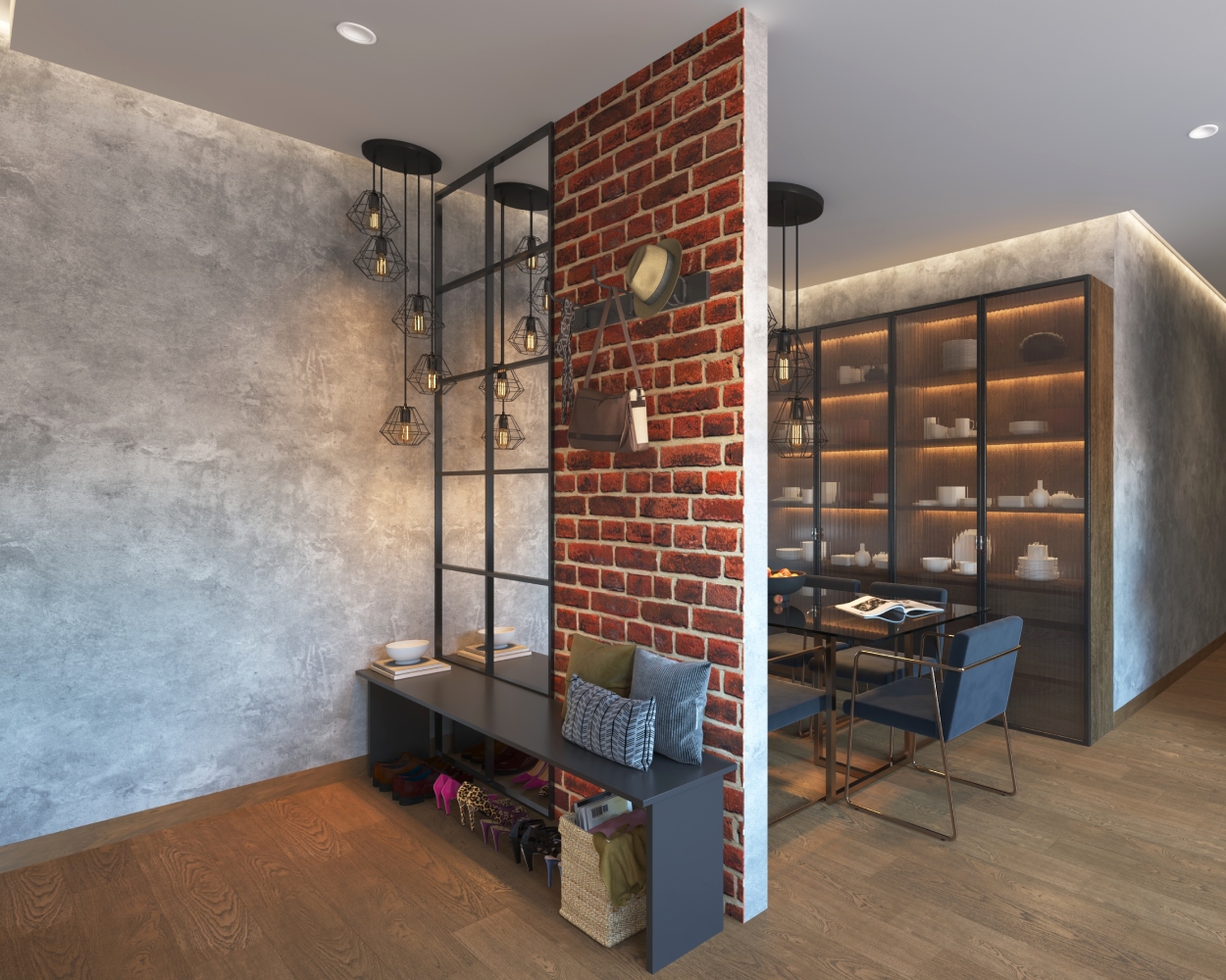 Spacious Industrial Foyer Design With Brick Wallaper - 9x8 Ft | Livspace