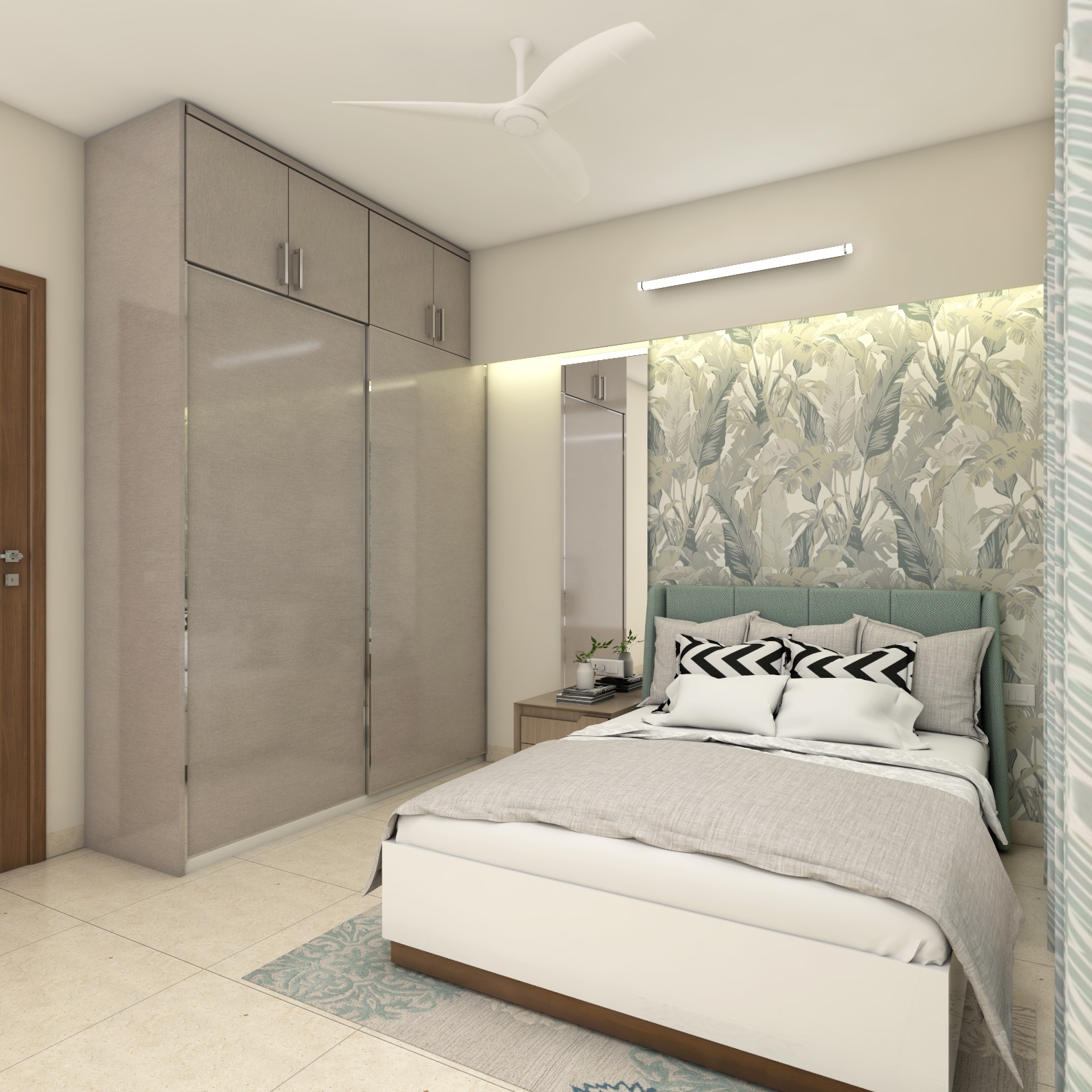 Compact Guest Room Design With Leafy Wallpaper | Livspace