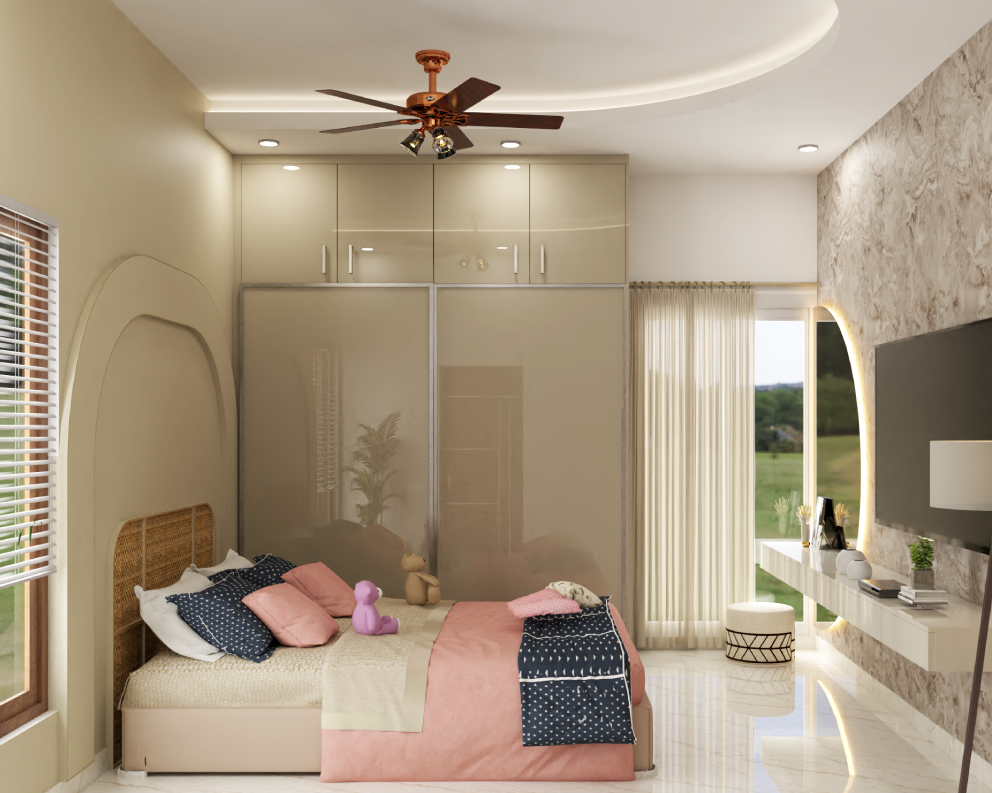 Compact Beige Guest Room Design With TV Unit | Livspace