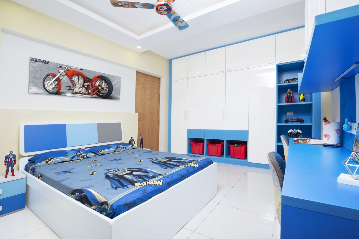 Kids Bedroom Design With A Blue And White Study Unit - 14X13 Ft | Livspace