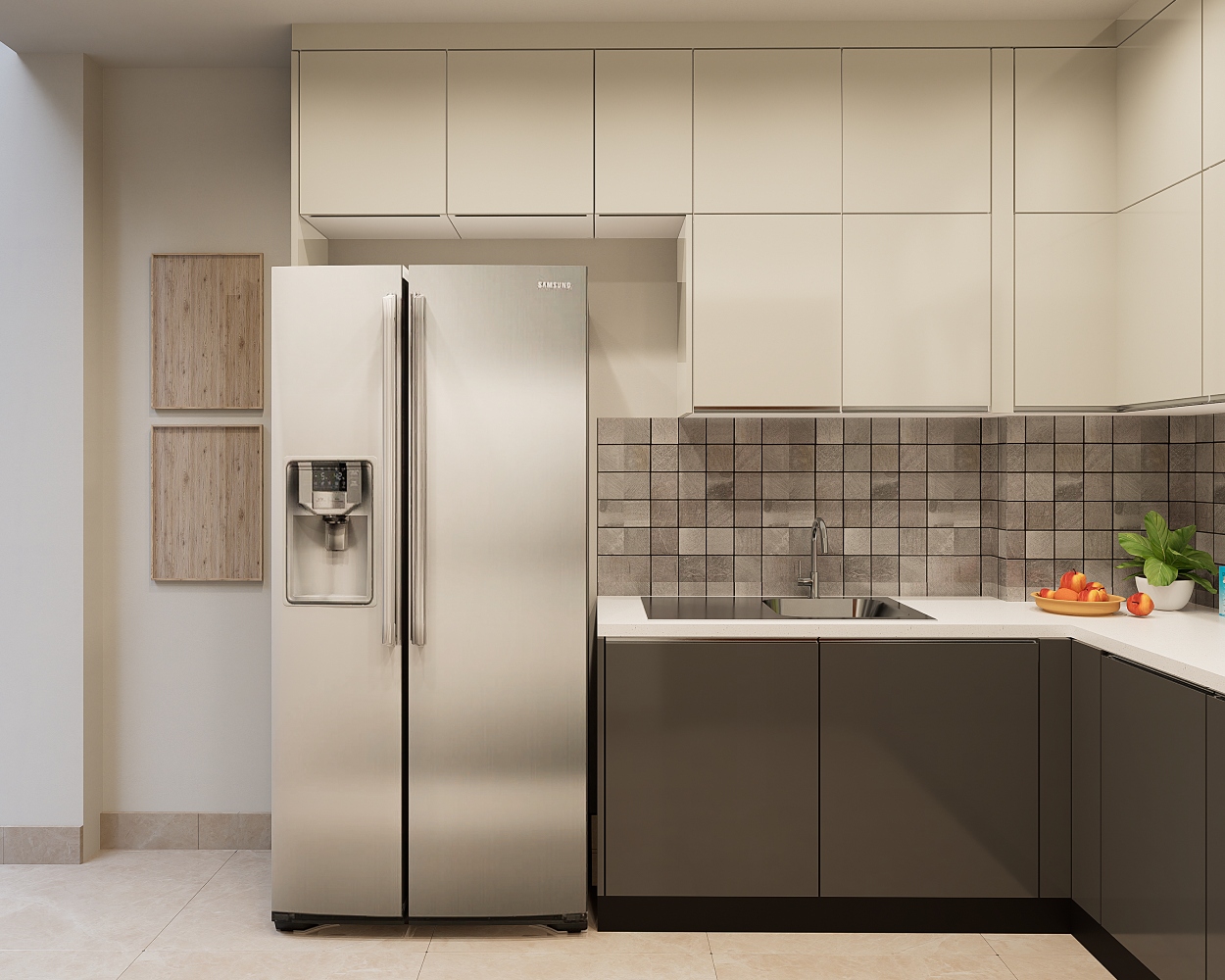 Modular Kitchen Design With Grey Dado Tiles - 12X12 Ft | Livspace