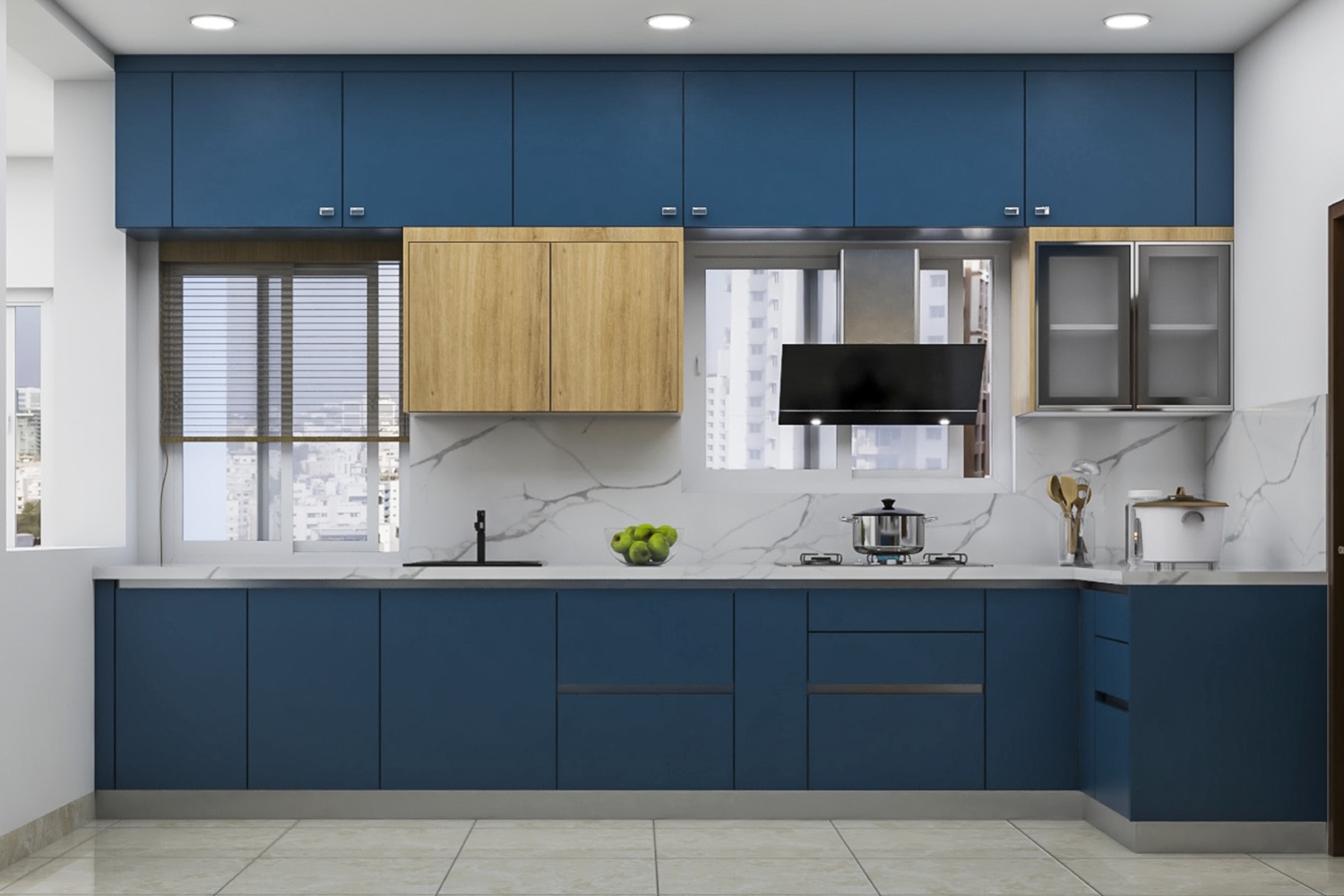 Spacious Indian Kitchen Design With Marble Dado Tiles | Livspace
