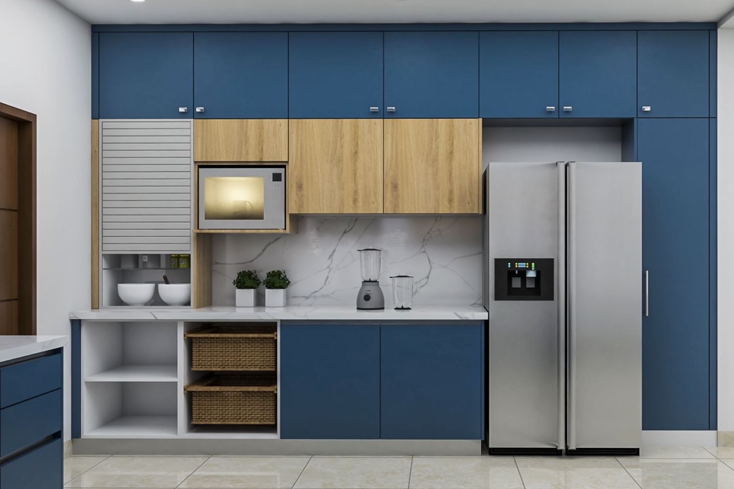 Spacious Indian Kitchen Design With Marble Dado Tiles | Livspace