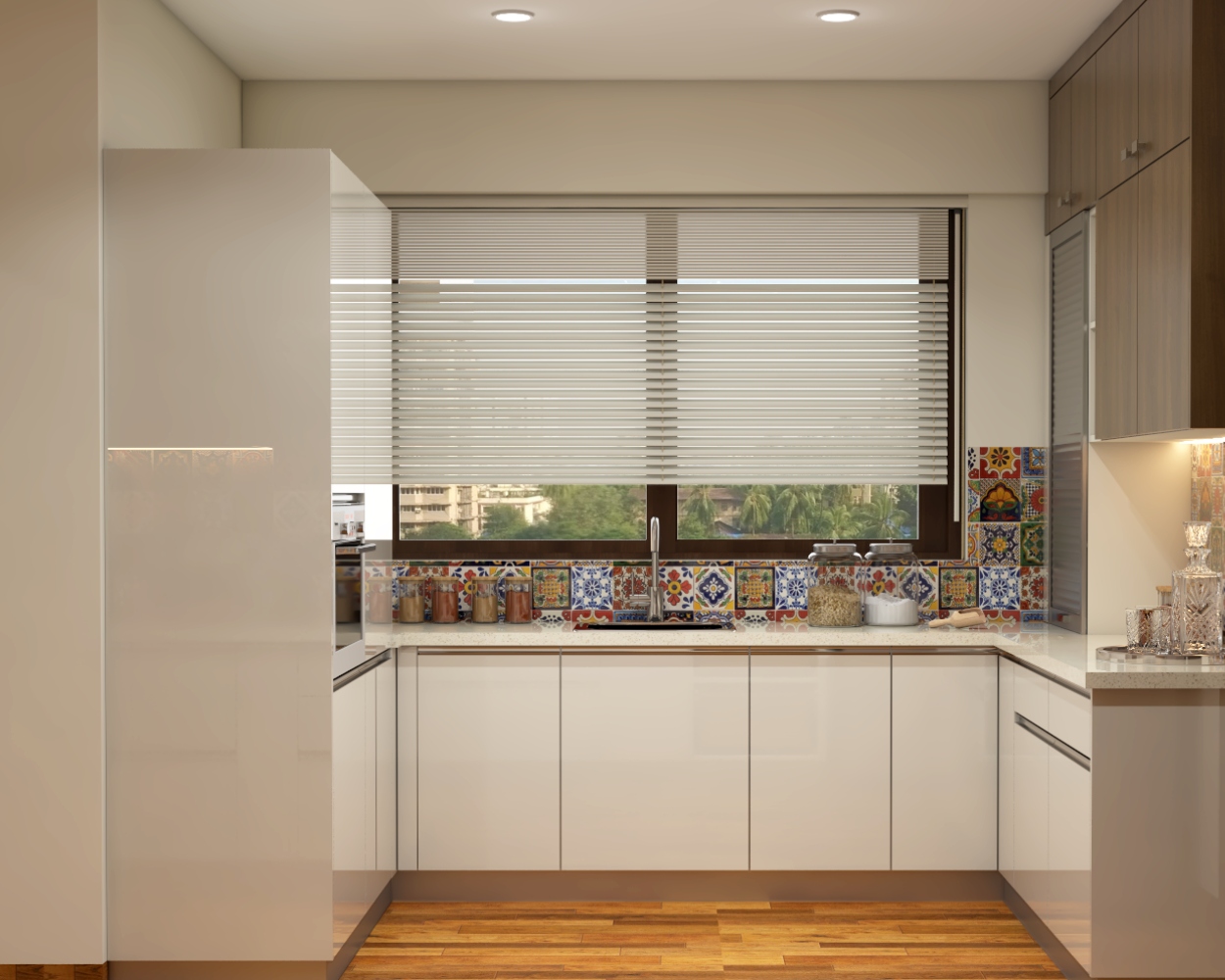 Modular Kitchen Design With Drawers And Wicker Baskets - 14X13 Ft ...