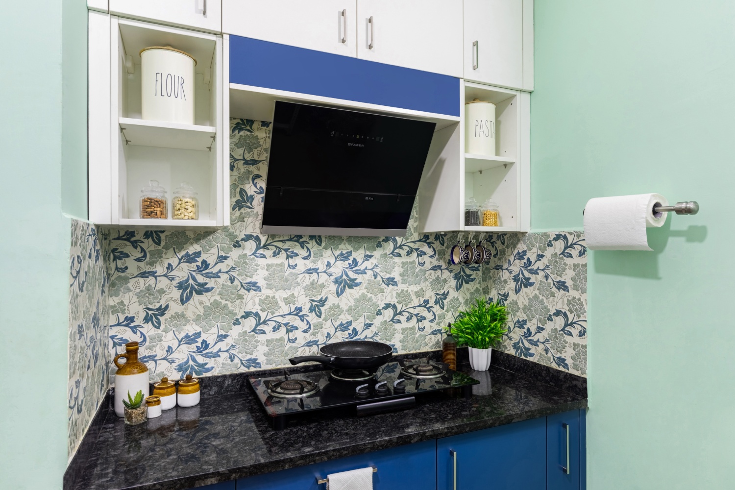 Modular Kitchen Design With Blue And White Kitchen Cabinets | Livspace