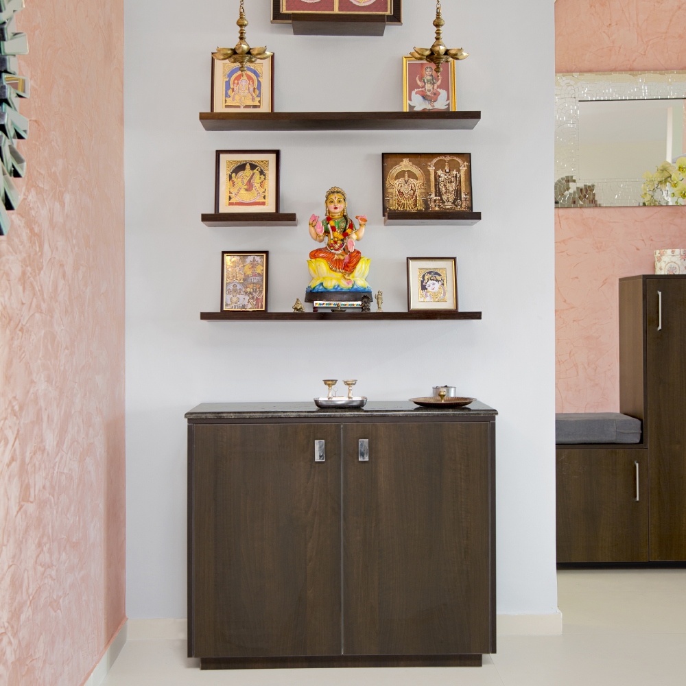 Compact Walnut Bronze Mandir Design With Wall Shelves - 4X6 Ft | Livspace